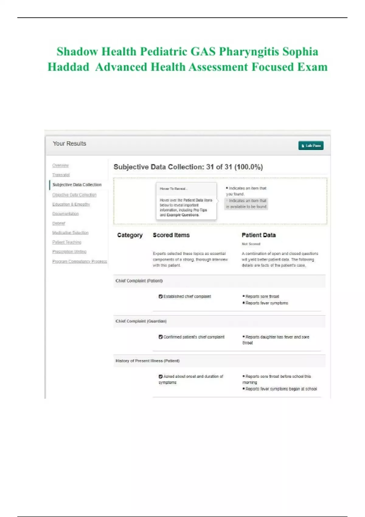 Shadow Health Pediatric GAS Pharyngitis Sophia Haddad Advanced Health ...