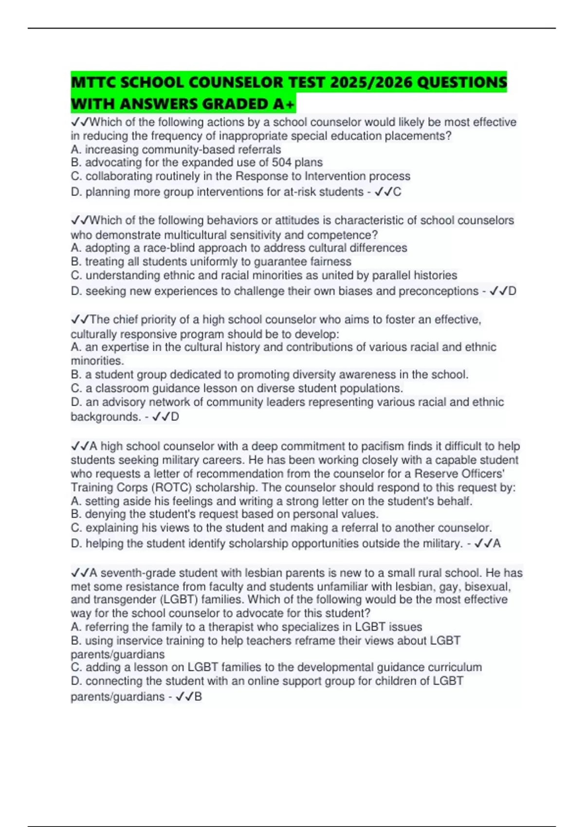 MTTC SCHOOL COUNSELOR TEST 2025/2026 QUESTIONS WITH ANSWERS GRADED A+ ...