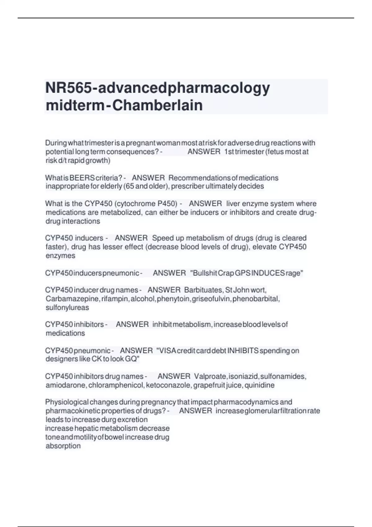 NR 565 - advanced pharmacology midterm - Chamberlain Practice Exam Questions and Answers Updated ...