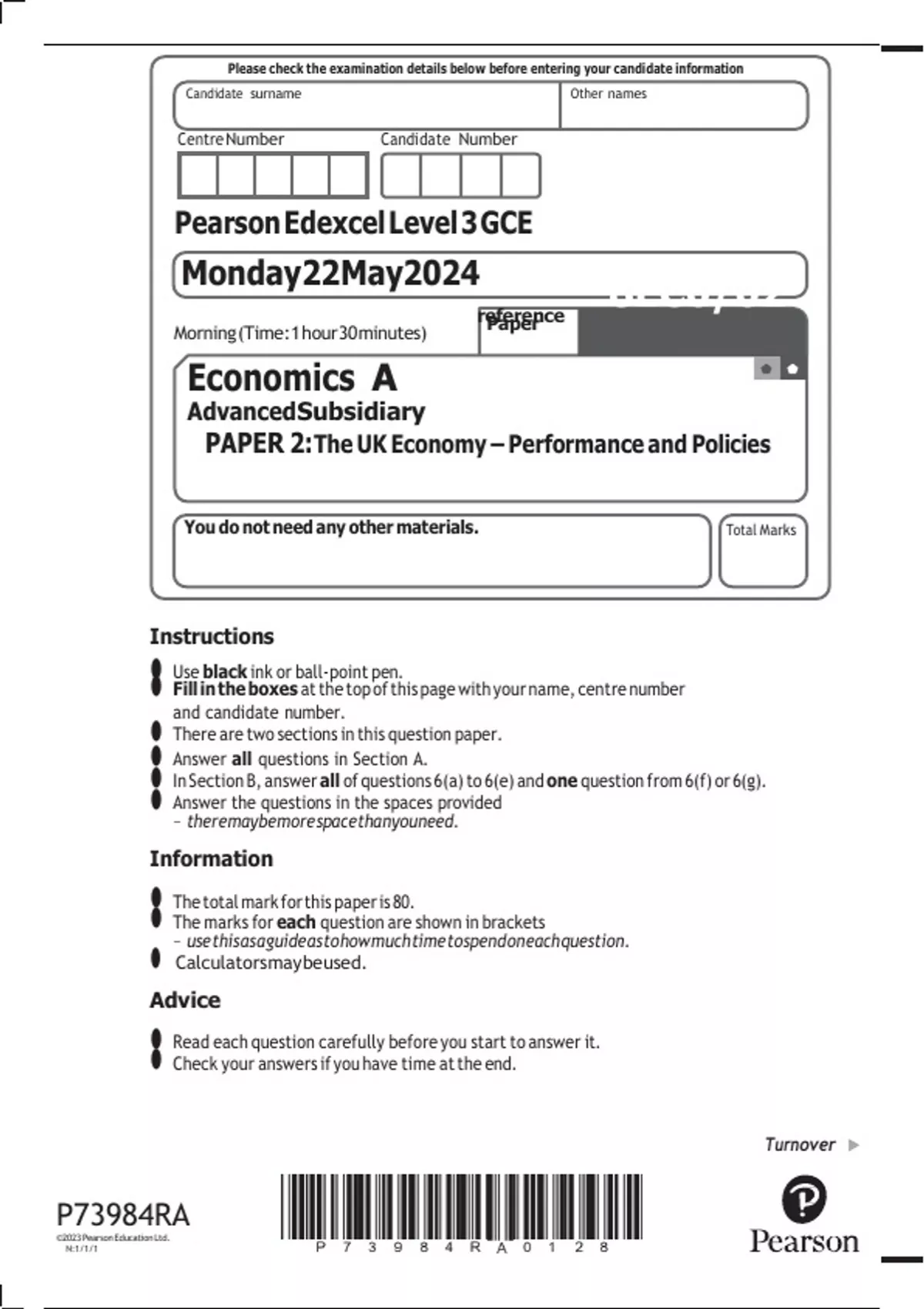 Official summer 2025 Pearson Edexcel 8EC0/02 GCE AS Level In Economics ...