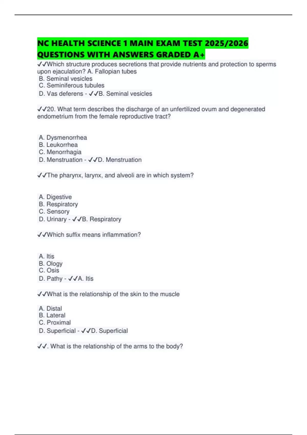 NC HEALTH SCIENCE 1 MAIN EXAM TEST 2025/2026 QUESTIONS WITH ANSWERS ...