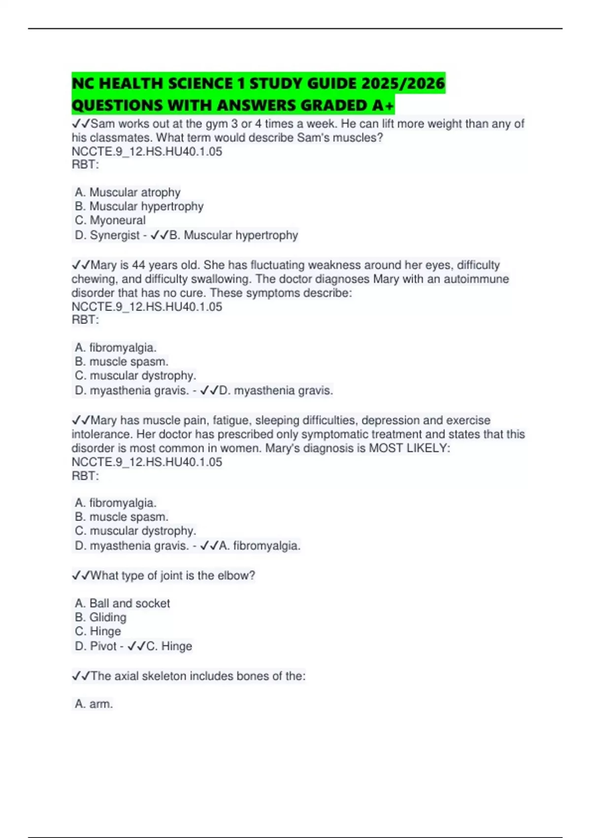 NC HEALTH SCIENCE 1 STUDY GUIDE 2025/2026 QUESTIONS WITH ANSWERS GRADED ...
