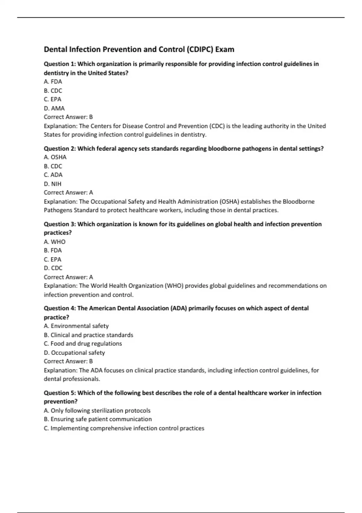 Dental Infection Prevention and Control (CDIPC) Exam - Computers ...