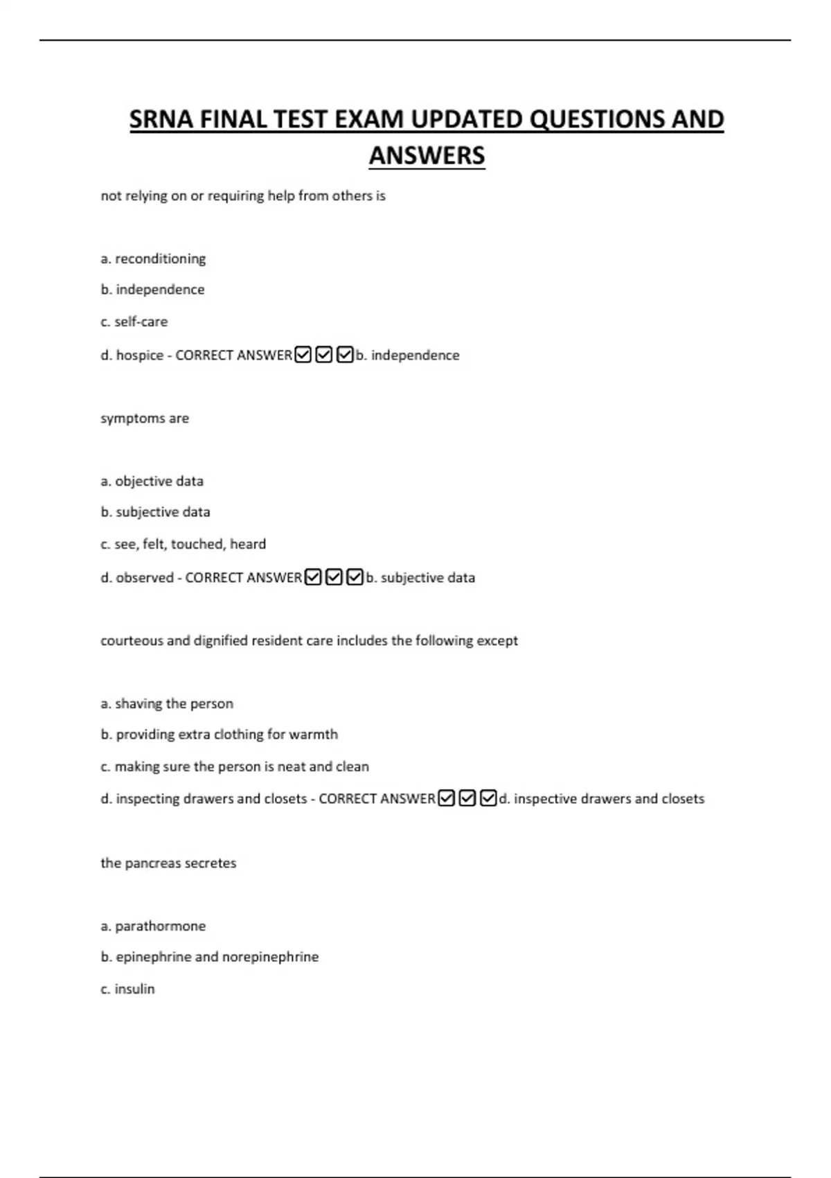 SRNA FINAL TEST EXAM UPDATED QUESTIONS AND ANSWERS - SRNA - Stuvia US