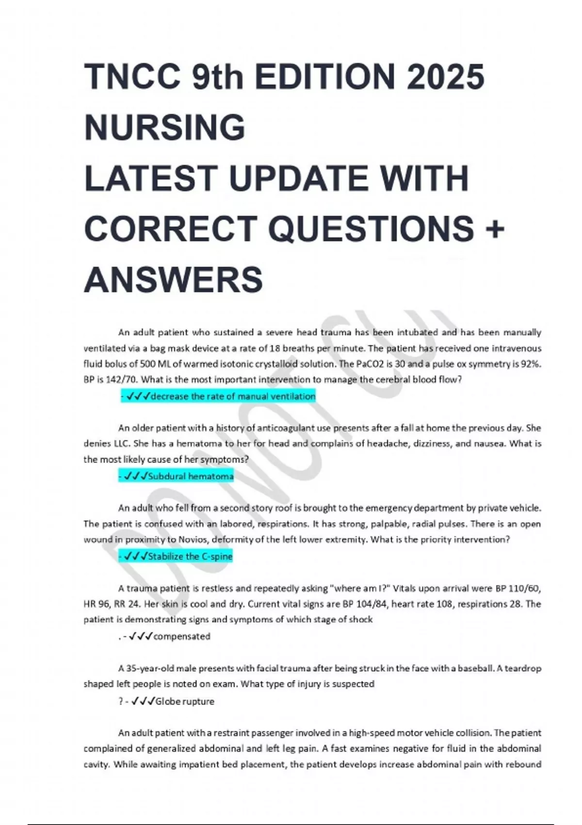 TNCC 9th EDITION 2025 NURSING LATEST UPDATE WITH CORRECT QUESTIONS ...