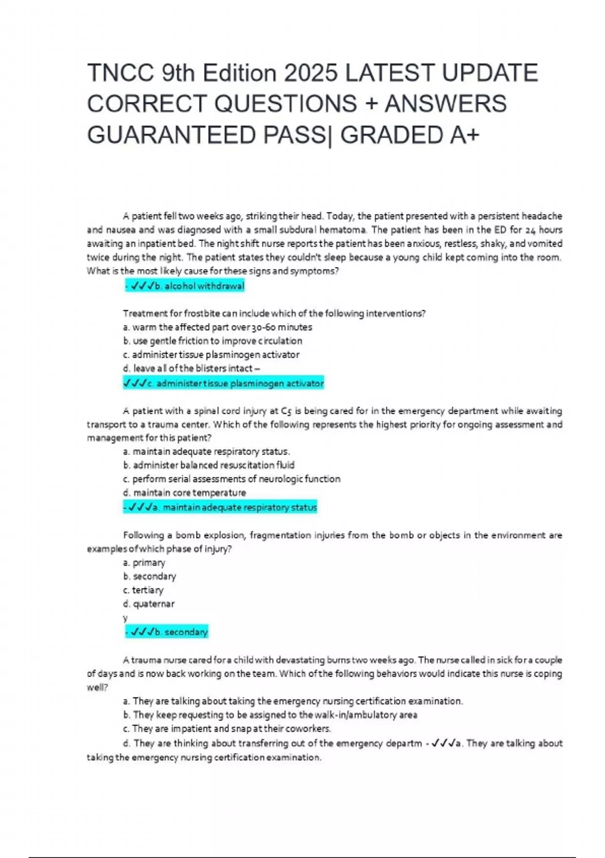 TNCC 9th Edition 2025 LATEST UPDATE CORRECT QUESTIONS + ANSWERS ...