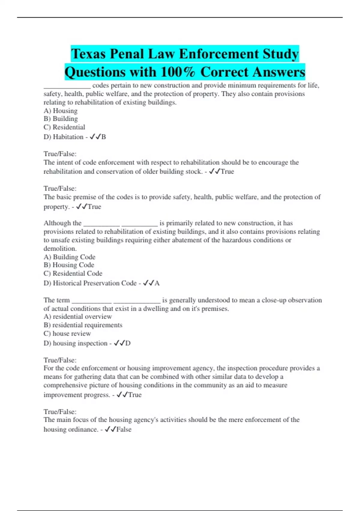 A Bundle of Texas Penal Law Enforcement Study Questions with 100% ...