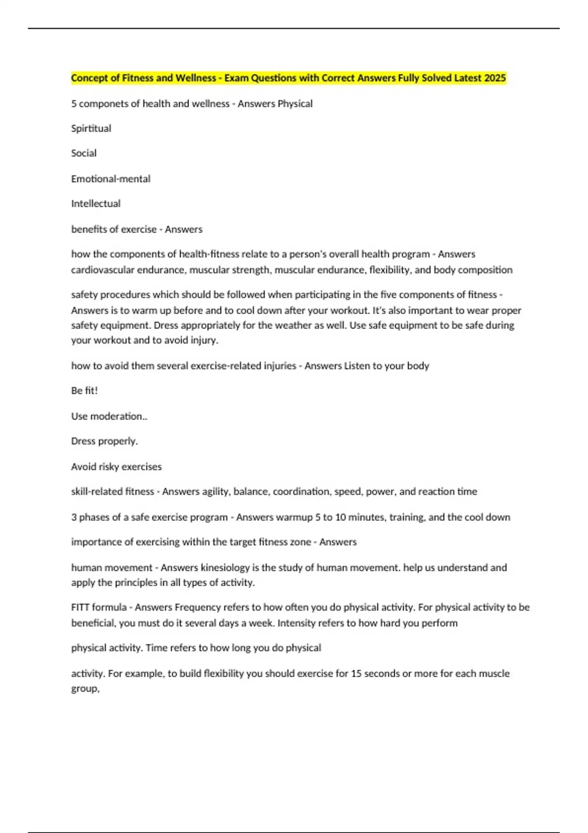 Concept of Fitness and Wellness - Exam Questions with Correct Answers ...