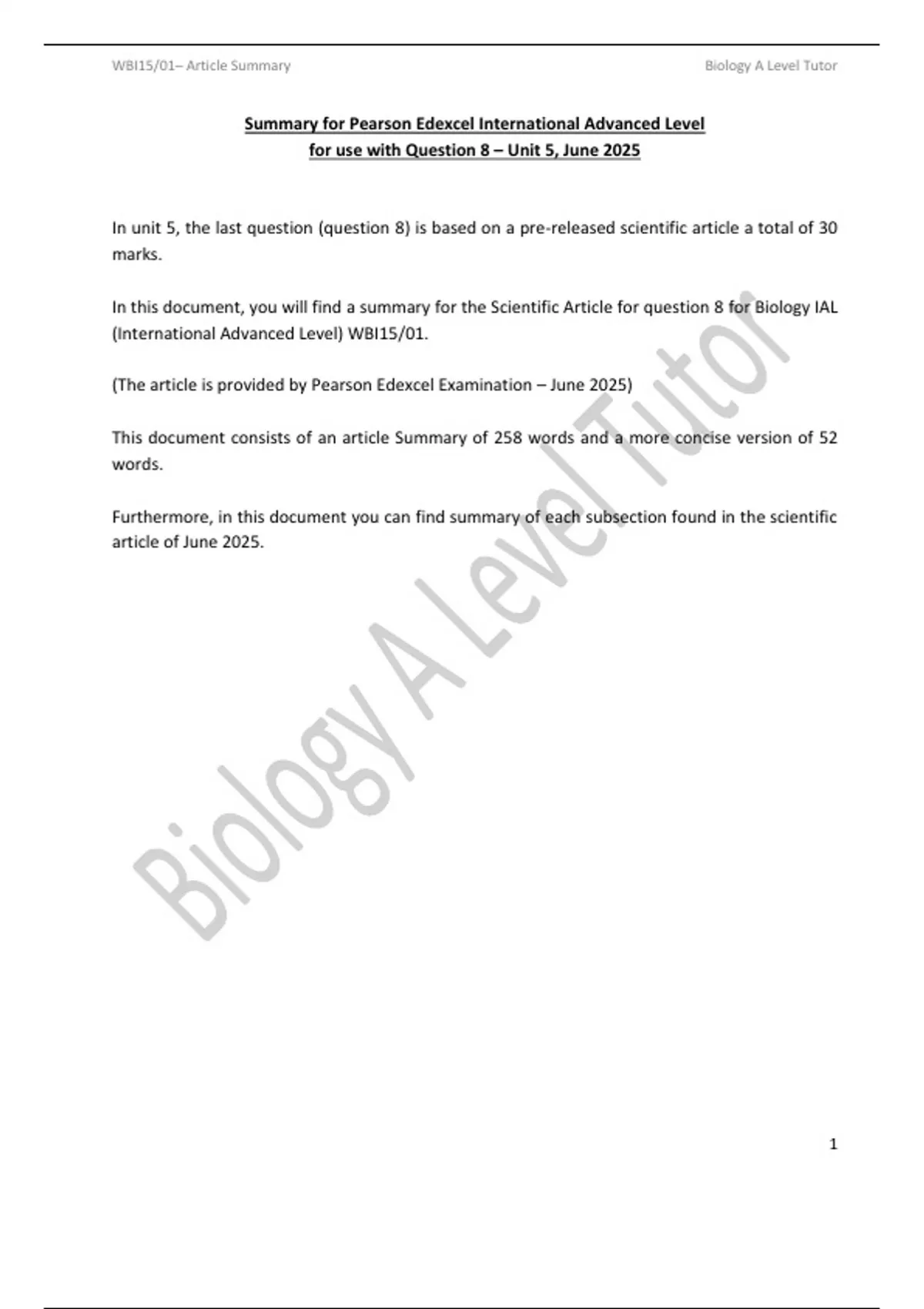 IAL Biology Unit 5 - Summary for the Scientific Article - JUNE 2025 ...