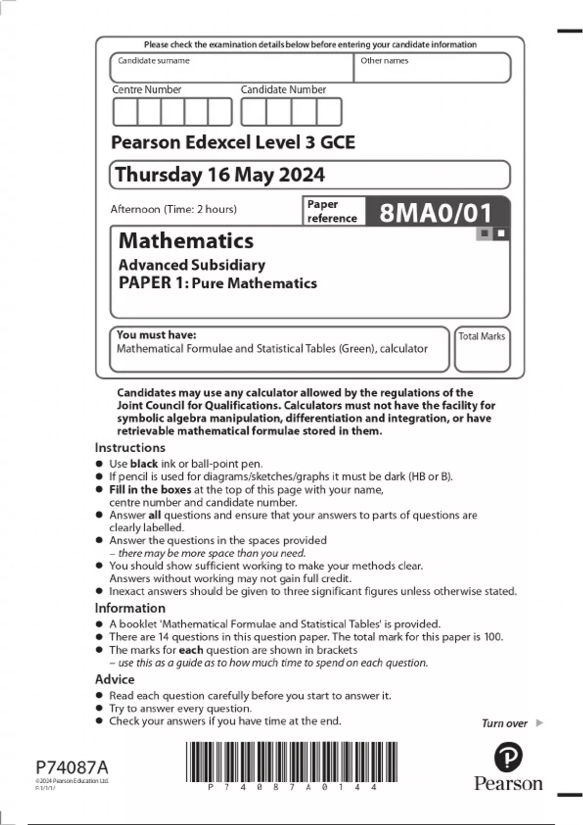 2024 Pearson Edexcel Level 3 GCE Mathematics Advanced Subsidiary PAPER ...