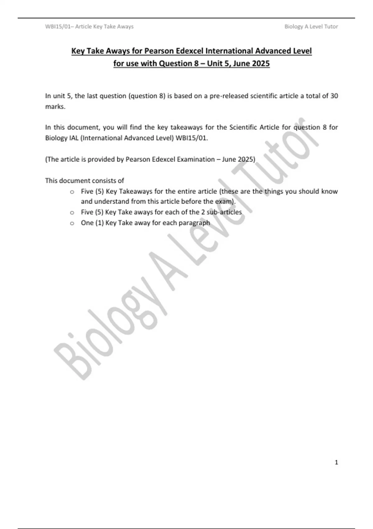 Summary IAL Biology Unit 5 - Key Take Aways for the Scientific Article ...