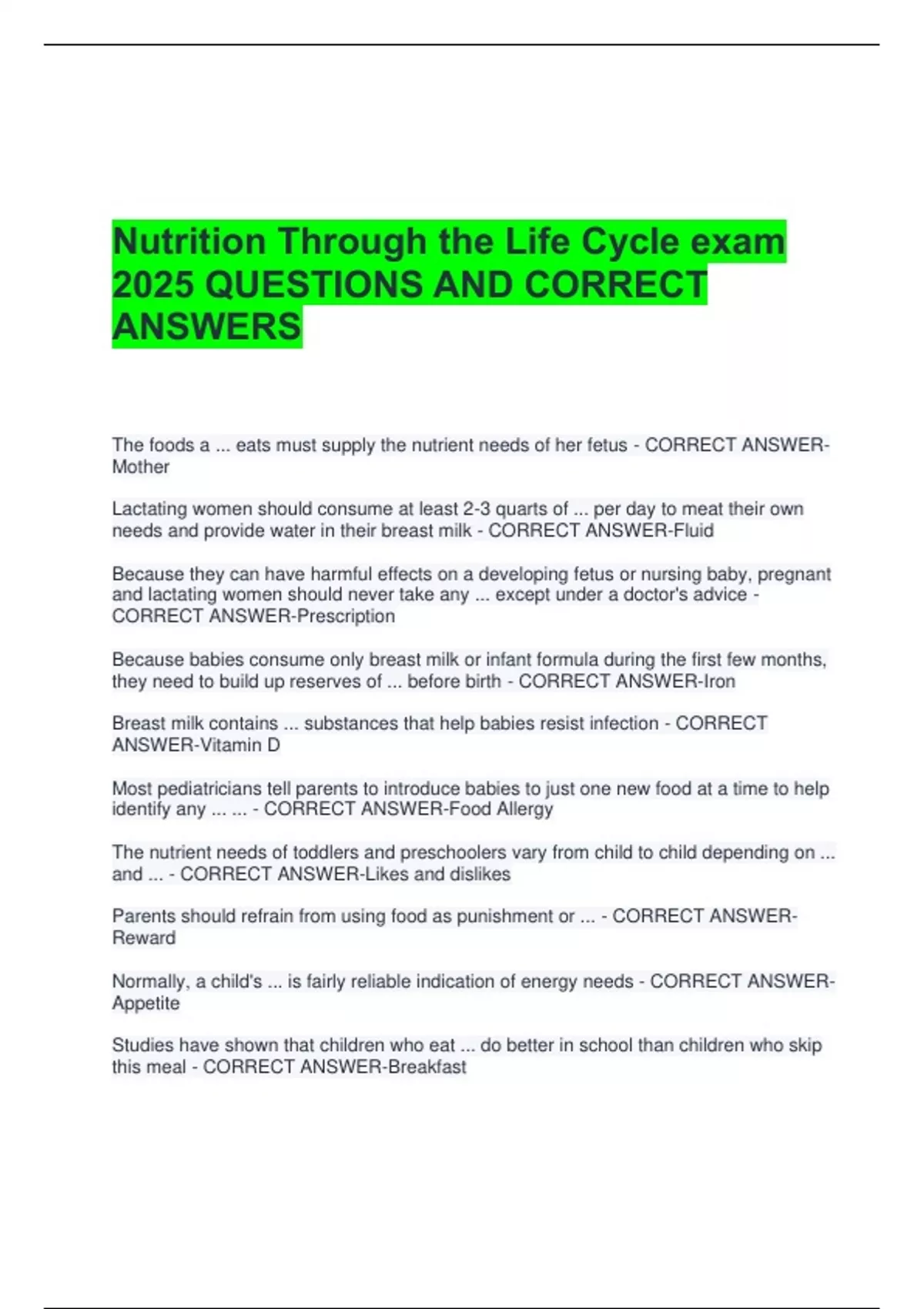 Nutrition Through the Life Cycle exam 2025 QUESTIONS AND CORRECT ...