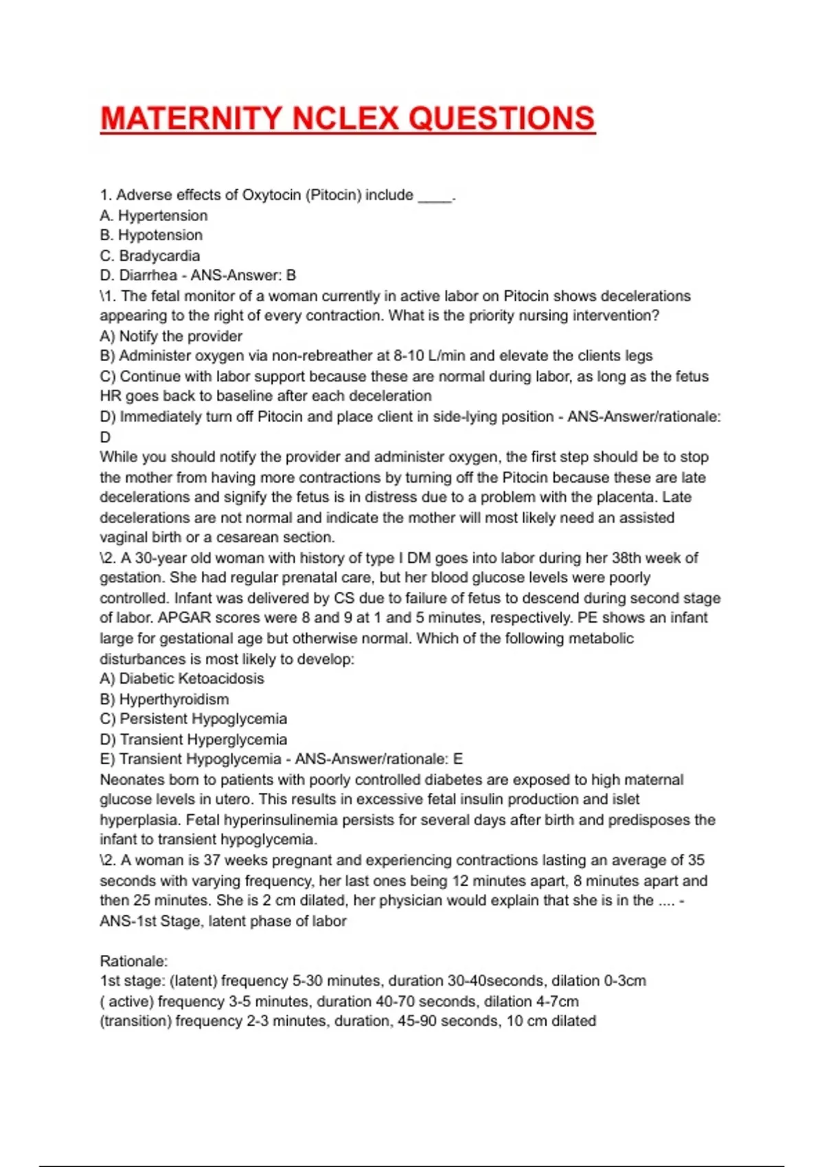 MATERNITY NCLEX EXAM 2025/2026 QUESTIONS WITH COMPLETED & VERIFIED SOLUTIONS. - Maternity ...