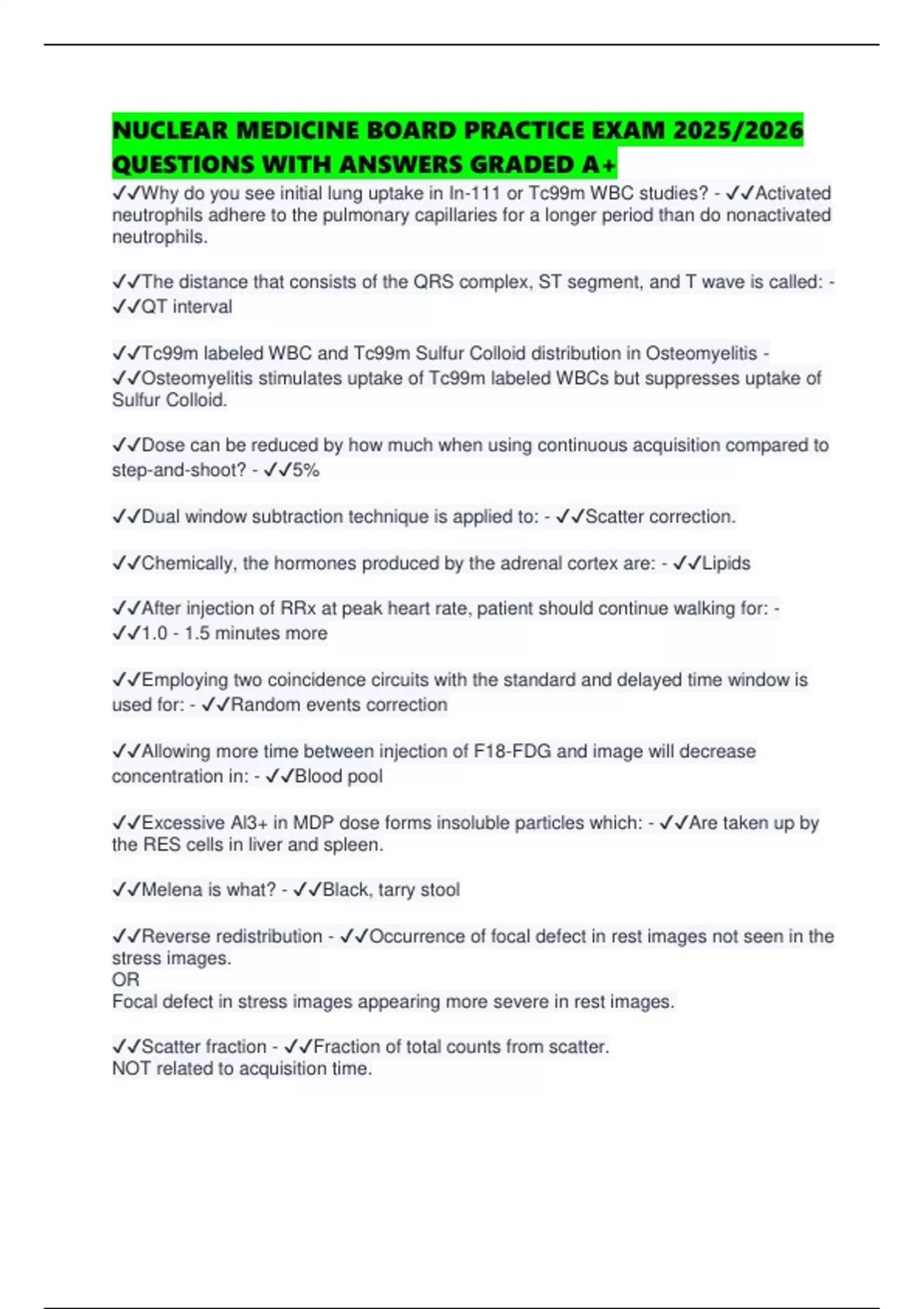 NUCLEAR MEDICINE BOARD PRACTICE EXAM 2025/2026 QUESTIONS WITH ANSWERS ...