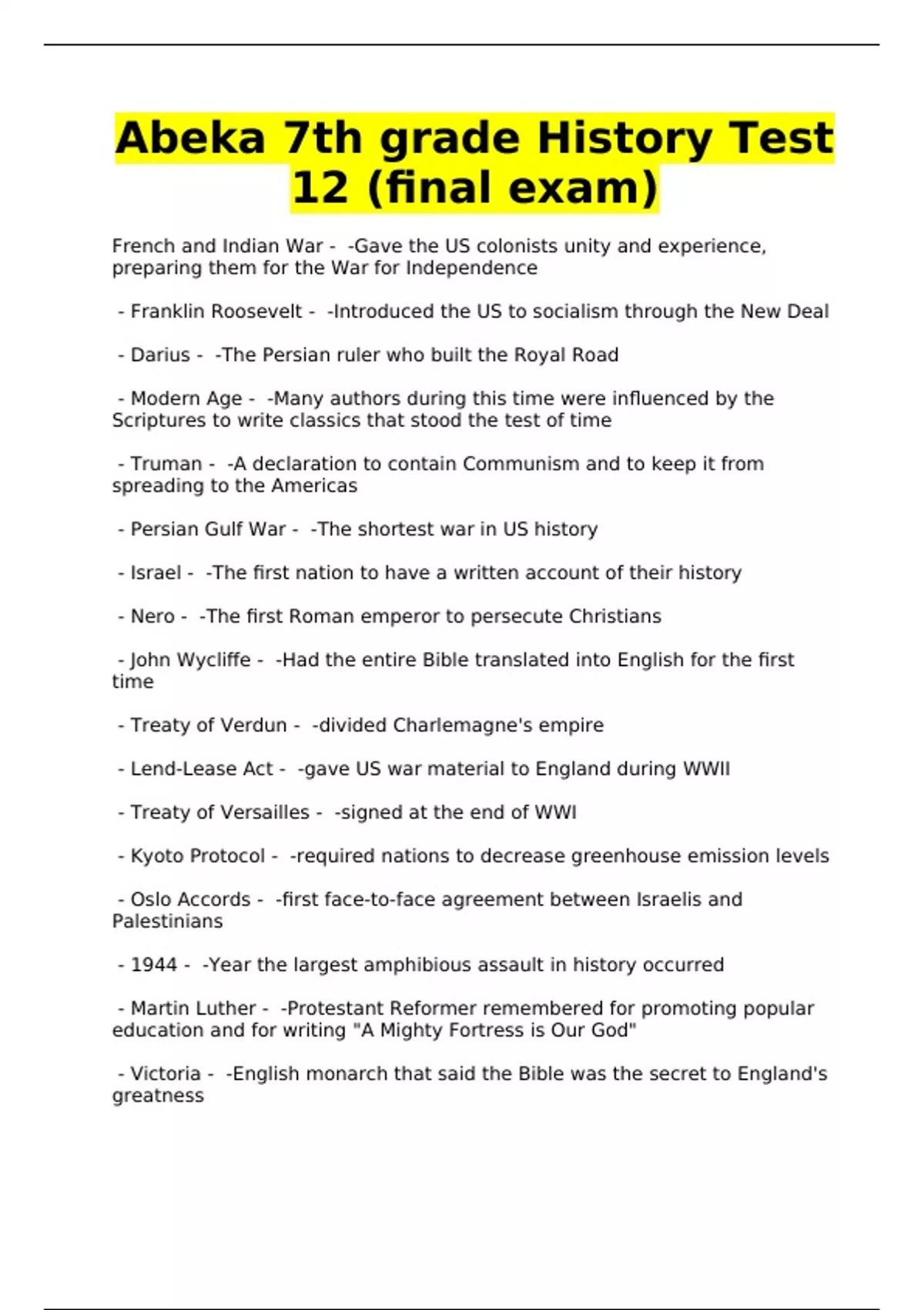 Abeka 7th grade History Test 12 (final exam) - Abeka 7th grade History ...