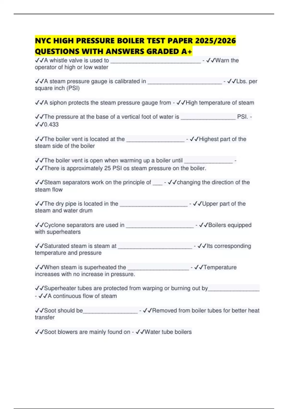 NYC HIGH PRESSURE BOILER TEST PAPER 2025/2026 QUESTIONS WITH ANSWERS ...