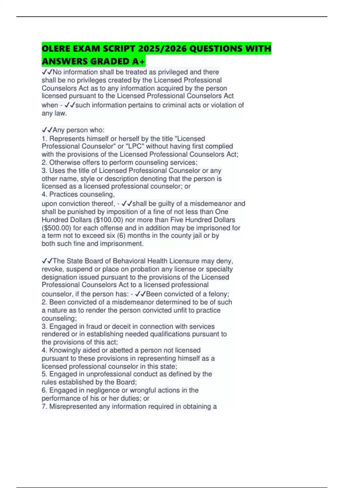 OLERE EXAM SCRIPT 2025/2026 QUESTIONS WITH ANSWERS GRADED A+ - OLERE ...