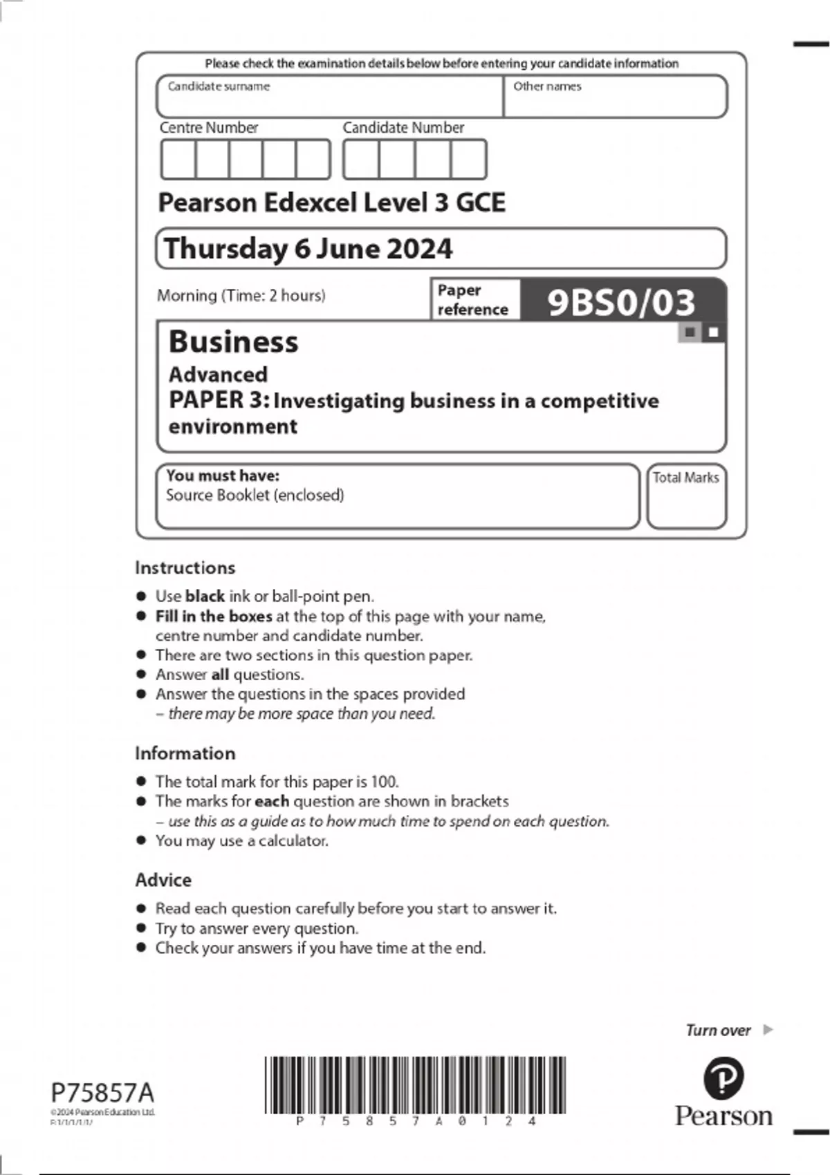 2024 Pearson Edexcel Level 3 GCE Business Advanced PAPER 3 ...