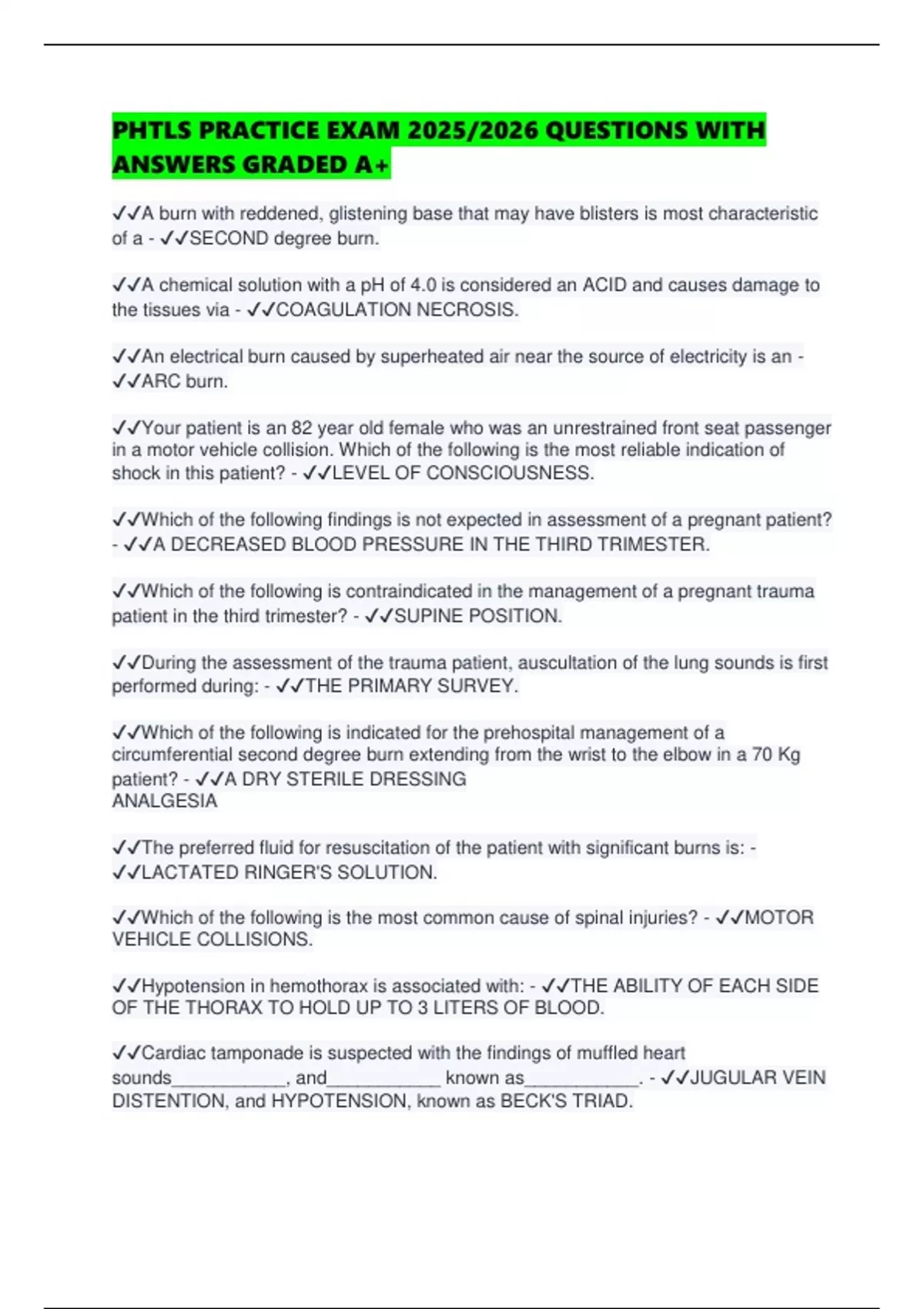 PHTLS PRACTICE EXAM 2025/2026 QUESTIONS WITH ANSWERS GRADED A+ - PHTLS ...