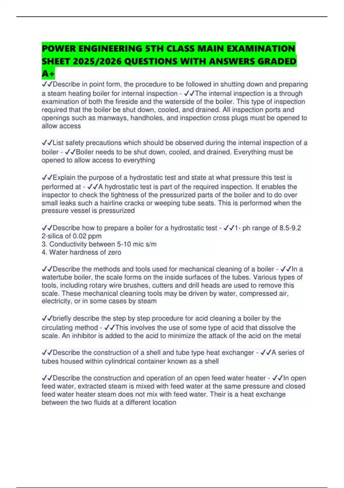 POWER ENGINEERING 5TH CLASS MAIN EXAMINATION SHEET 2025/2026 QUESTIONS ...