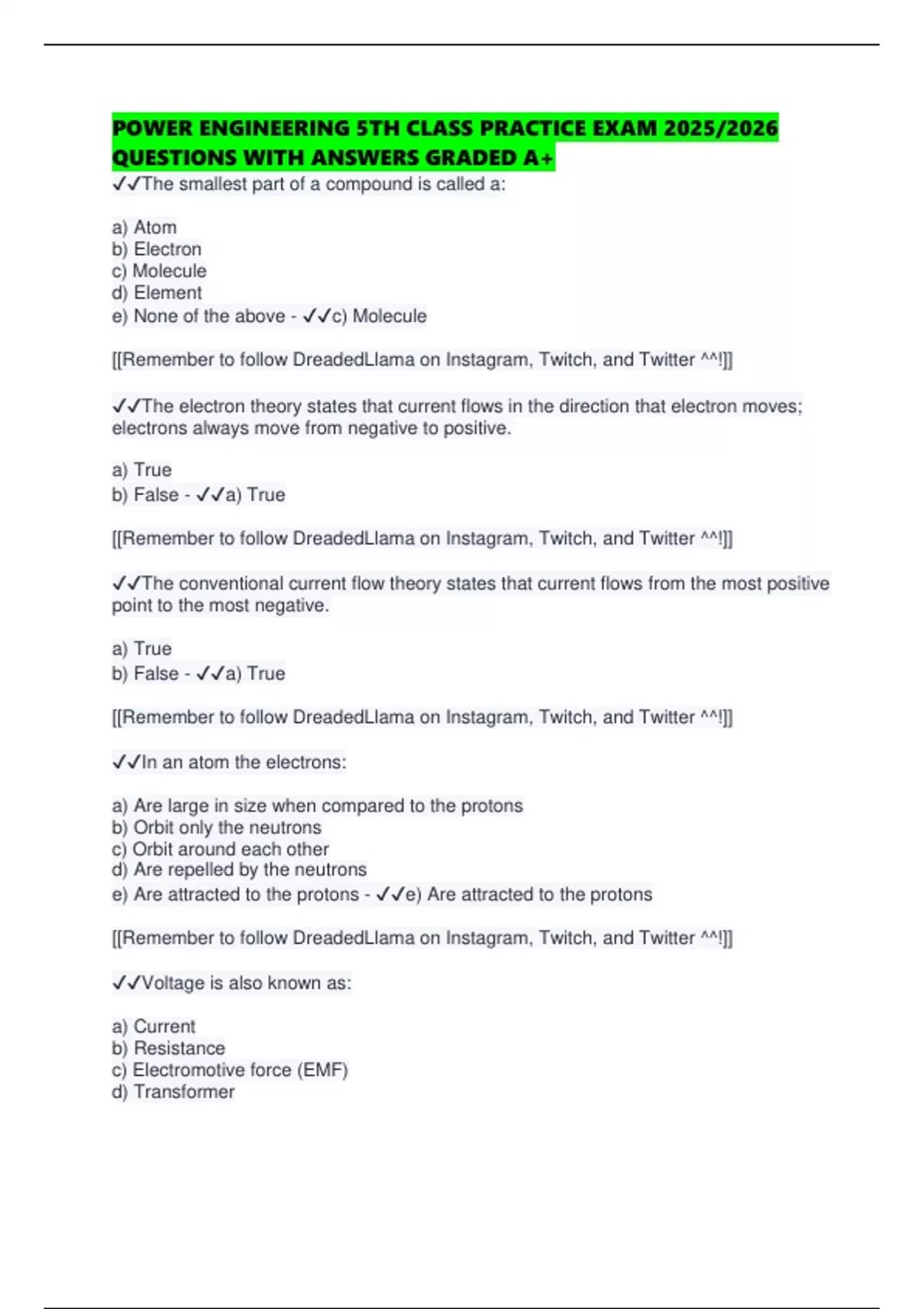 POWER ENGINEERING 5TH CLASS PRACTICE EXAM 2025/2026 QUESTIONS WITH ...