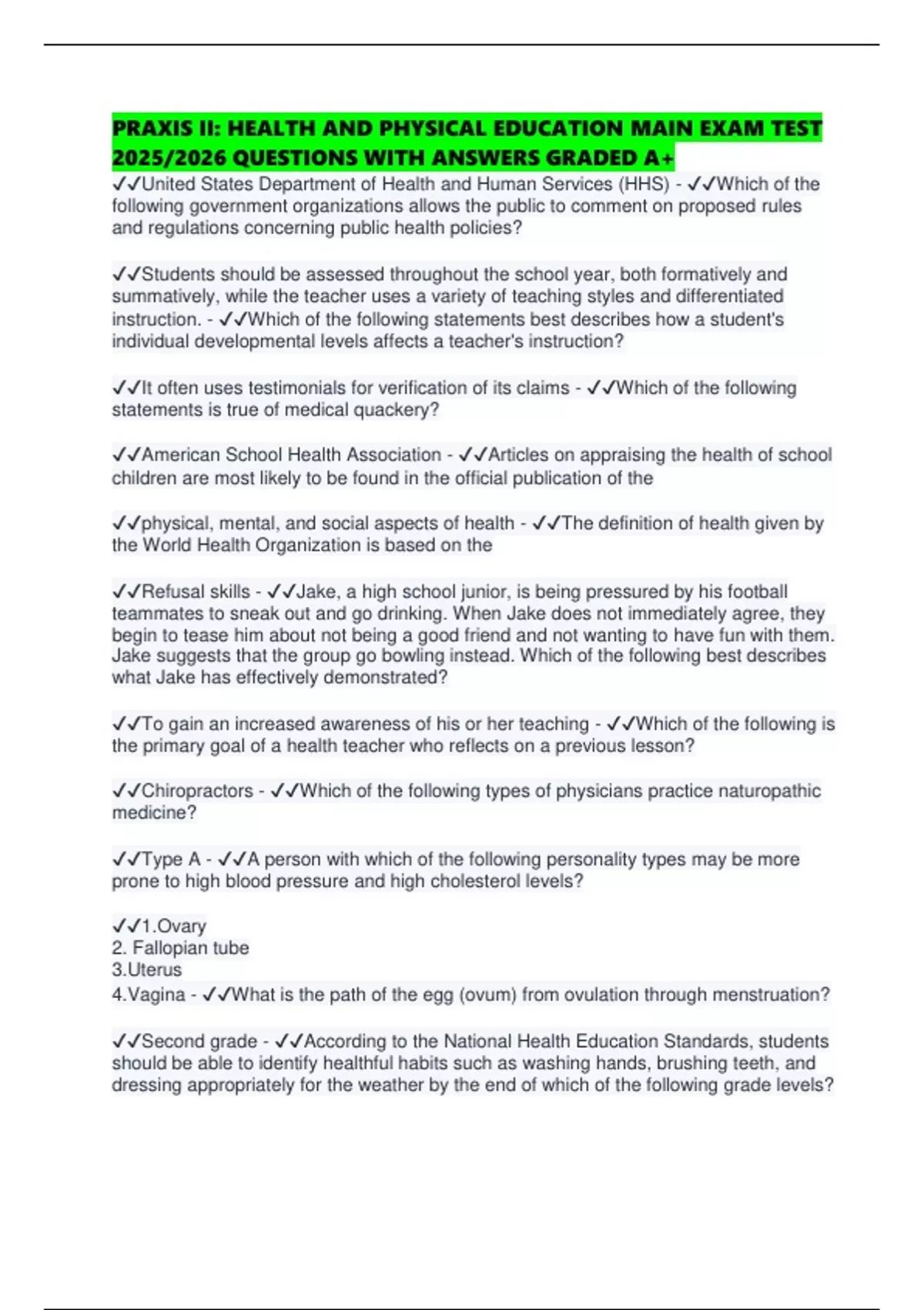 PRAXIS II: HEALTH AND PHYSICAL EDUCATION MAIN EXAM TEST 2025/2026 ...