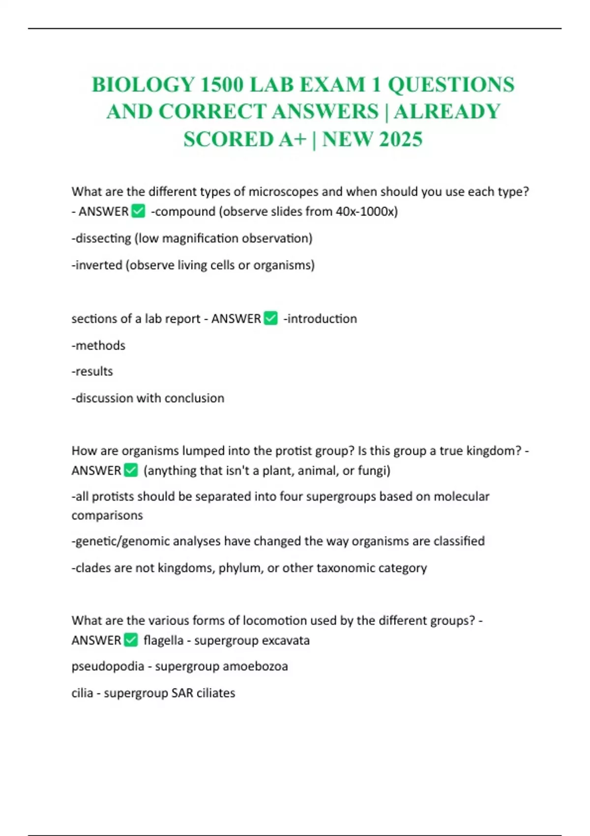 BIOLOGY 1500 LAB EXAM 1 QUESTIONS AND CORRECT ANSWERS | ALREADY SCORED ...