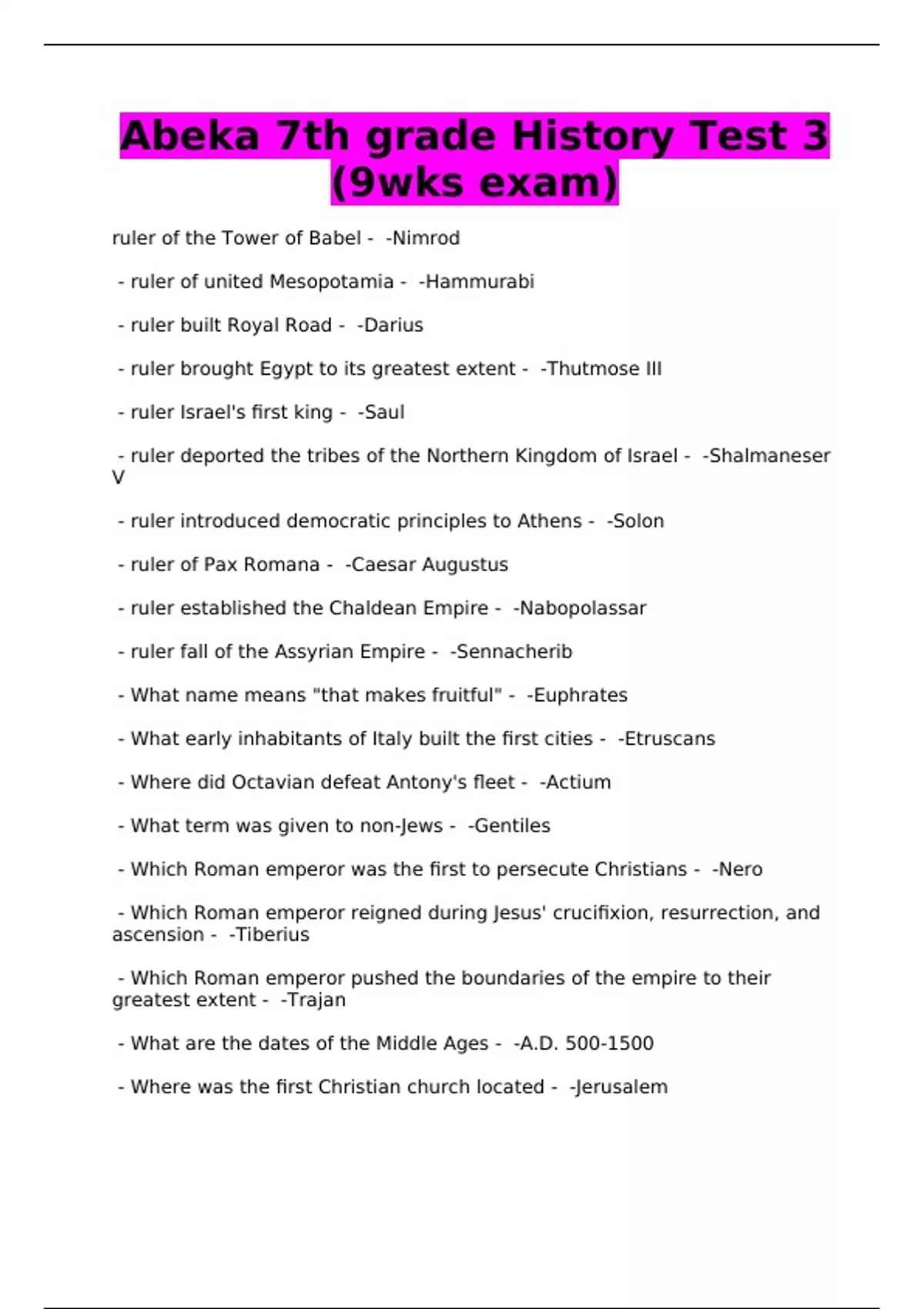 Abeka 7th grade History Test 3 (9wks exam) - Abeka 7th grade History ...