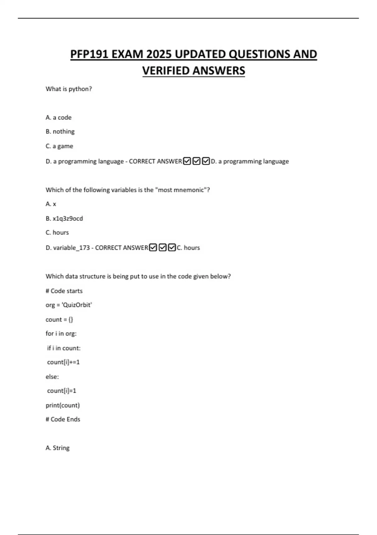 PFP191 EXAM 2025 UPDATED QUESTIONS AND VERIFIED ANSWERS - PFP191 - Stuvia US