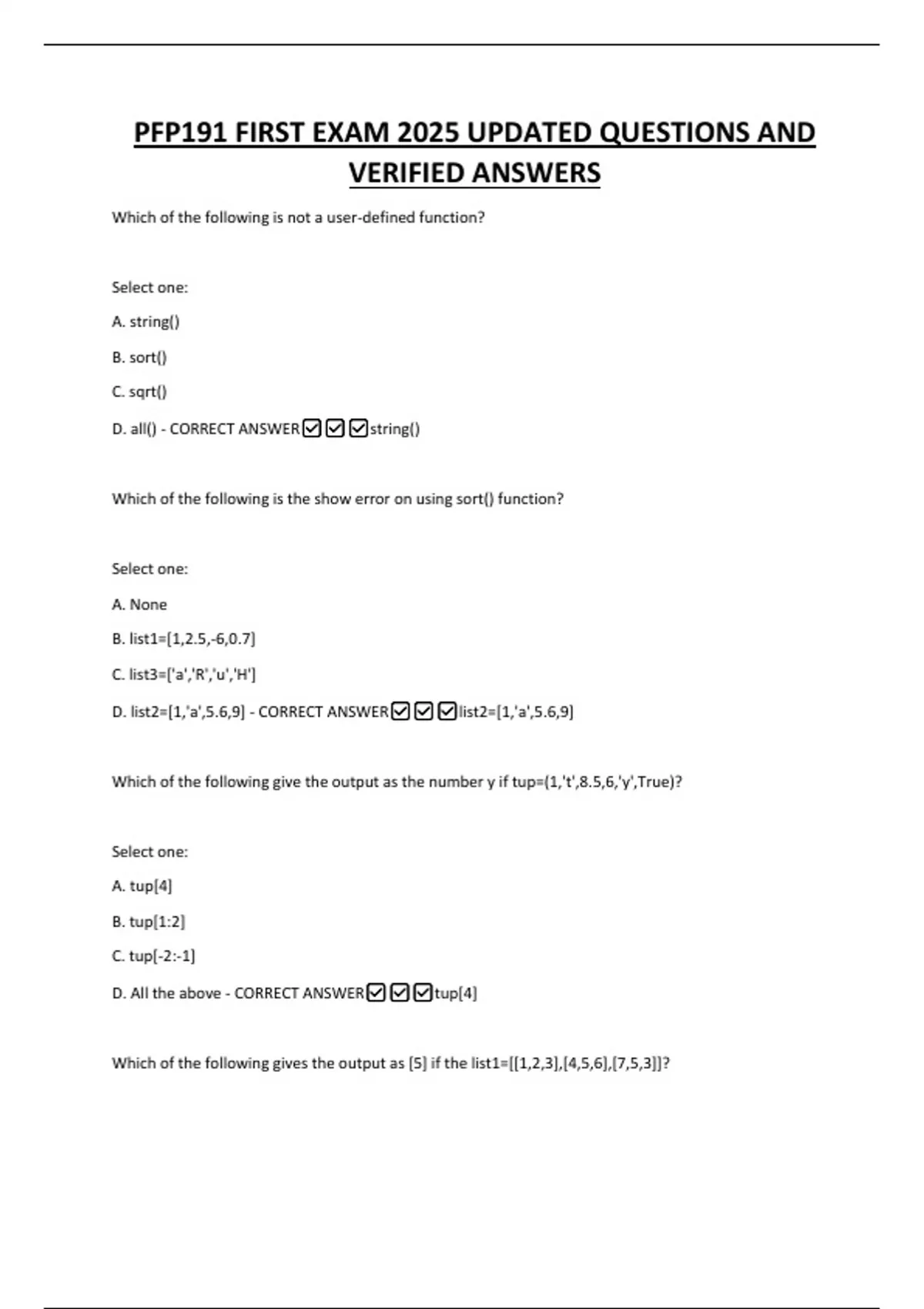 PFP191 FIRST EXAM 2025 UPDATED QUESTIONS AND VERIFIED ANSWERS - PFP191 - Stuvia US