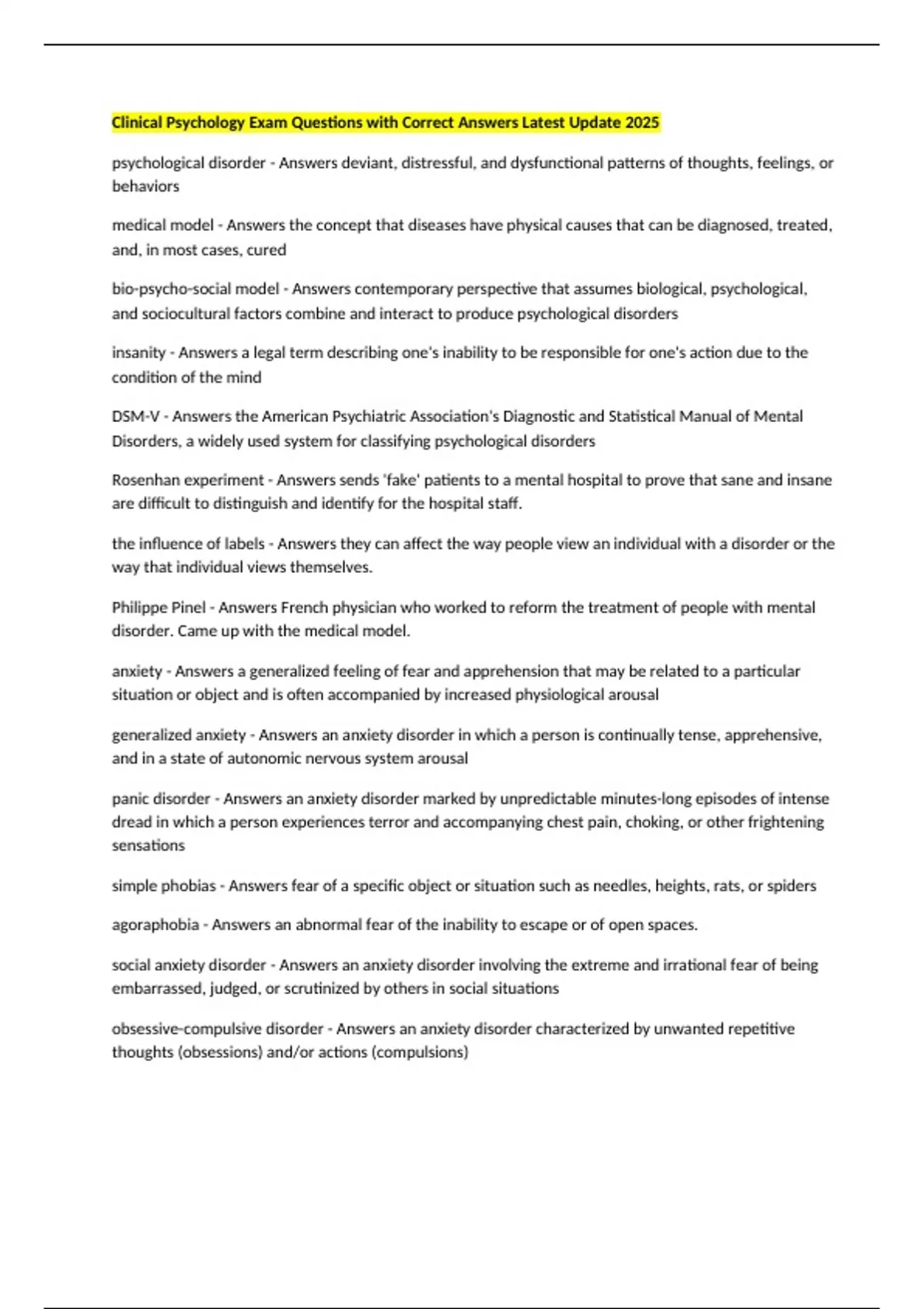 Clinical Psychology Exam Questions with Correct Answers Latest Update ...