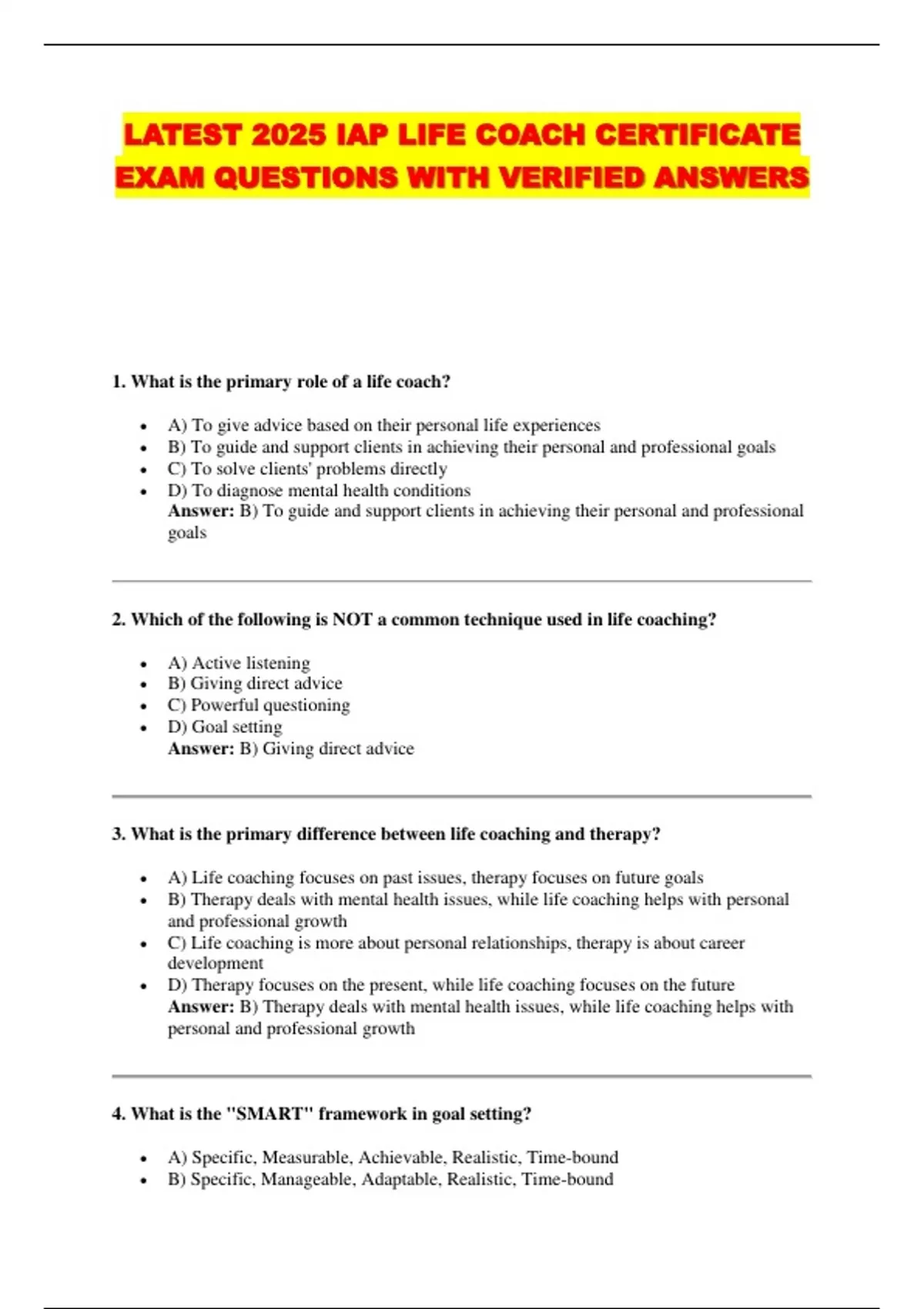 LATEST 2025 IAP LIFE COACH CERTIFICATE EXAM QUESTIONS WITH VERIFIED ...