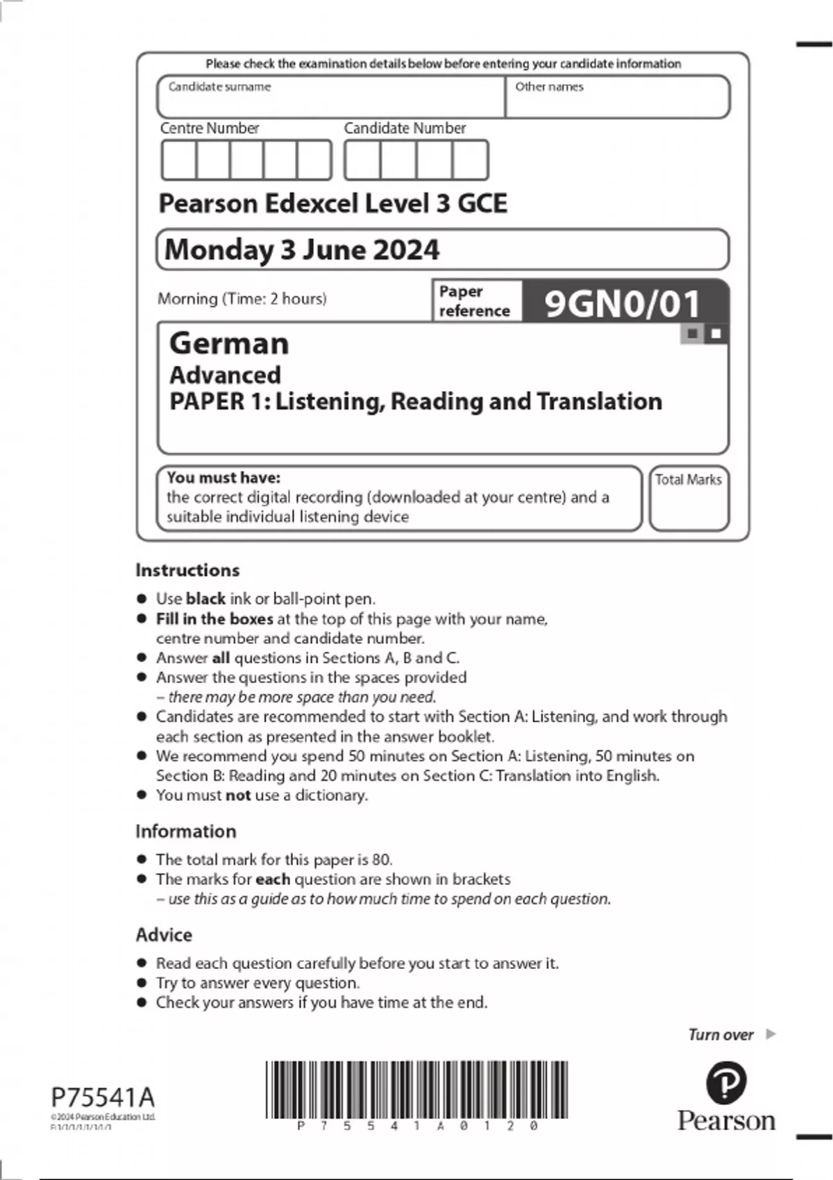 2024 Pearson Edexcel Level 3 GCE German Advanced PAPER 1: Listening ...
