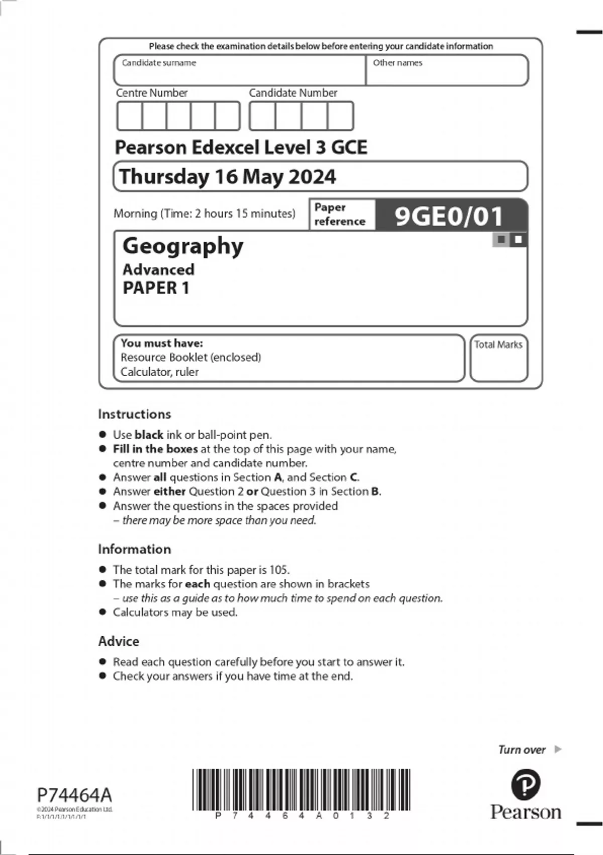 2024 Pearson Edexcel Level 3 GCE Geography Advanced PAPER 1 QUESTION ...