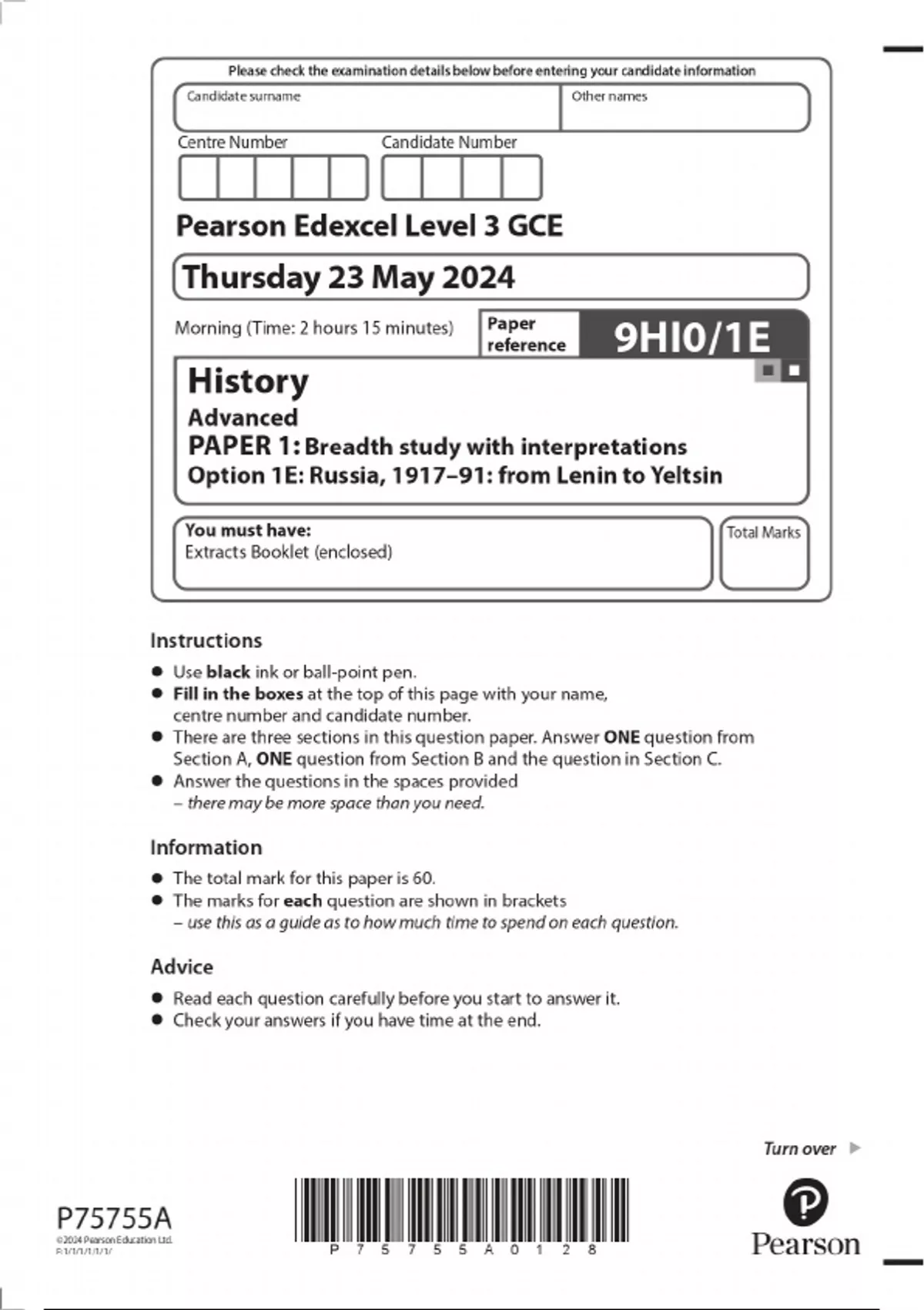 2024 Pearson Edexcel Level 3 GCE History Advanced PAPER 1: Breadth ...