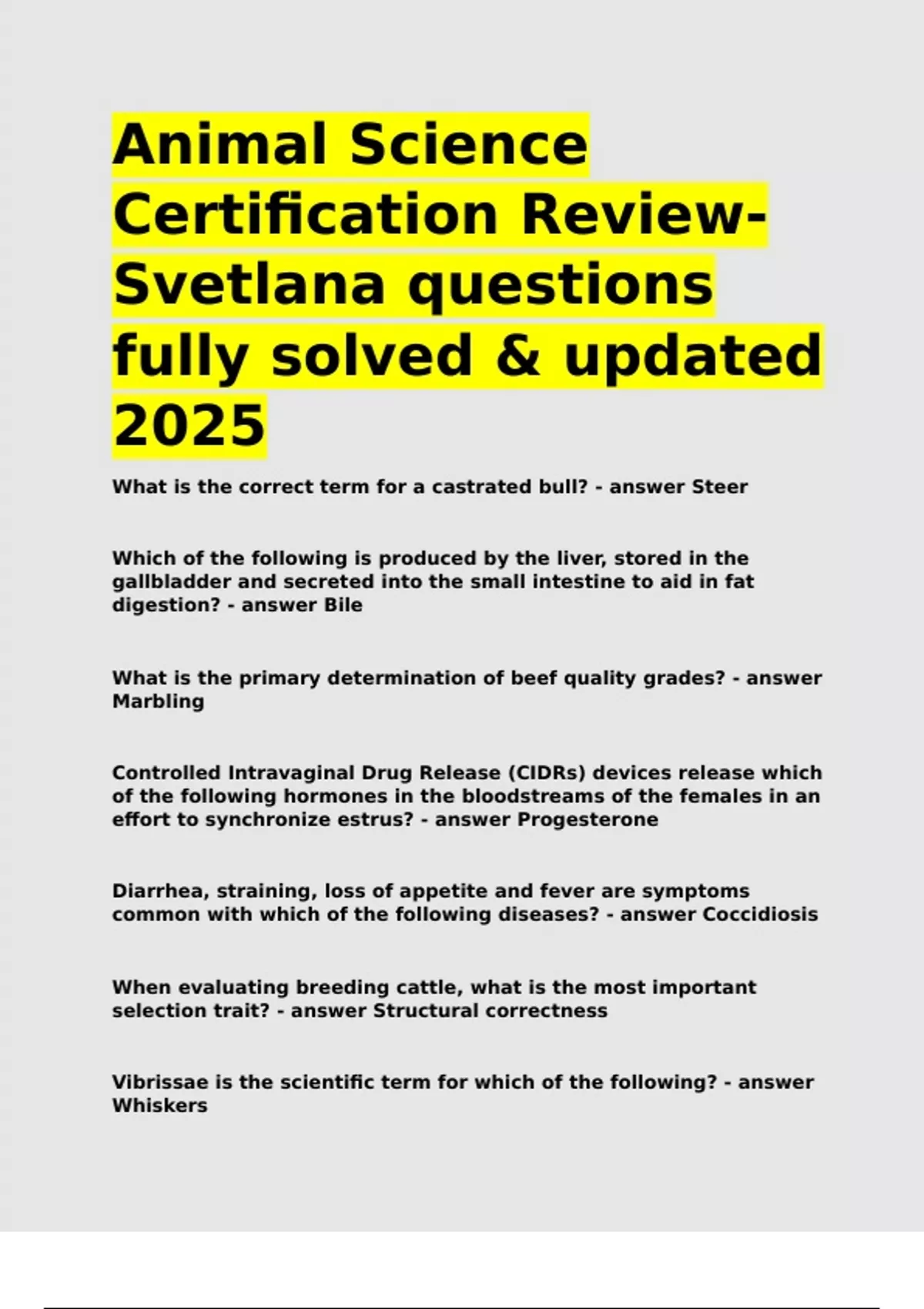 Animal Science Certification Review- Svetlana questions fully solved ...