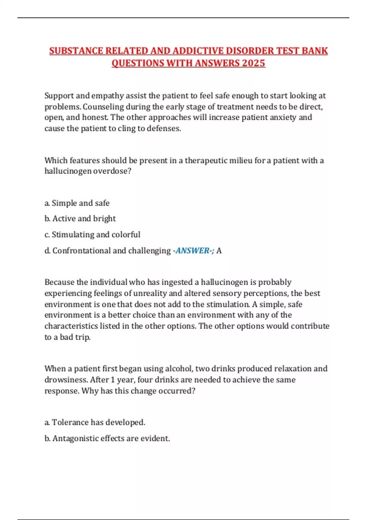 SUBSTANCE RELATED AND ADDICTIVE DISORDER TEST BANK QUESTIONS WITH ...