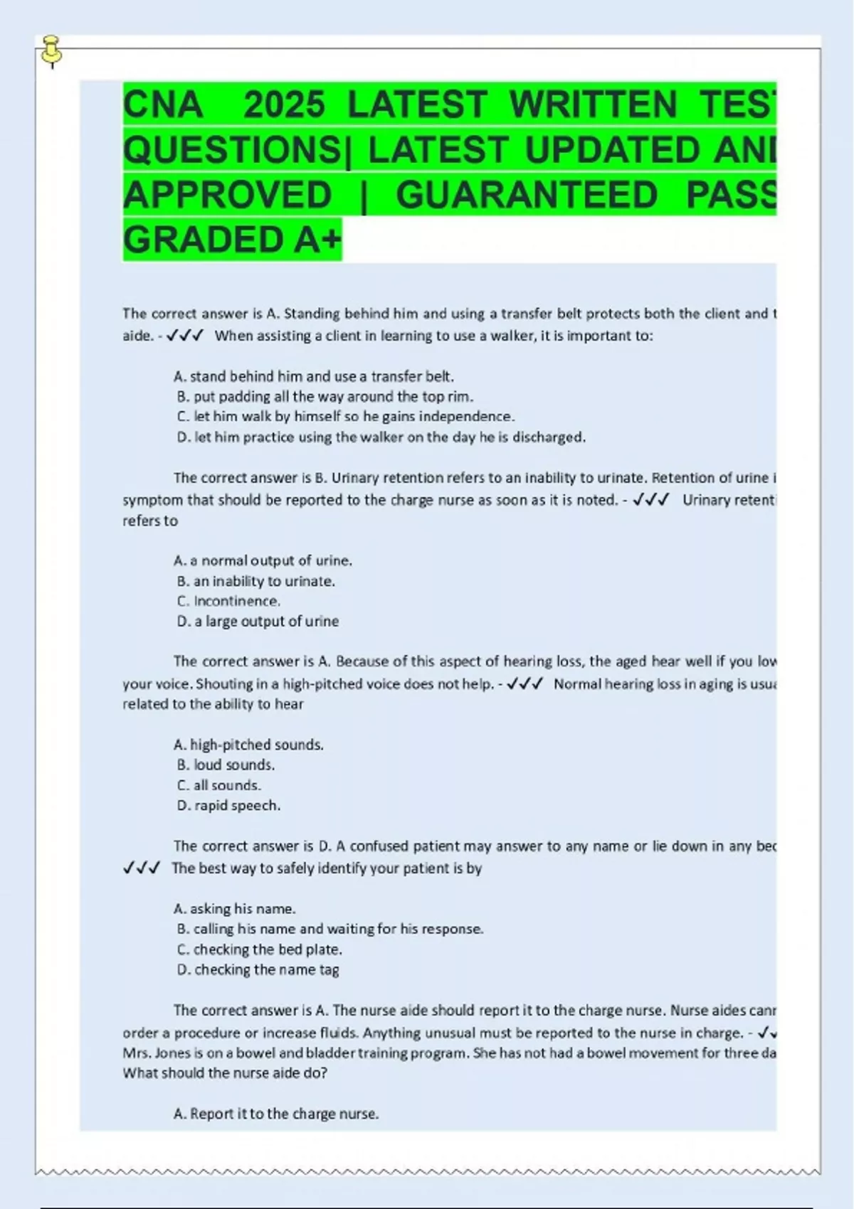 CNA 2025 LATEST WRITTEN TEST QUESTIONS| LATEST UPDATED AND APPROVED ...
