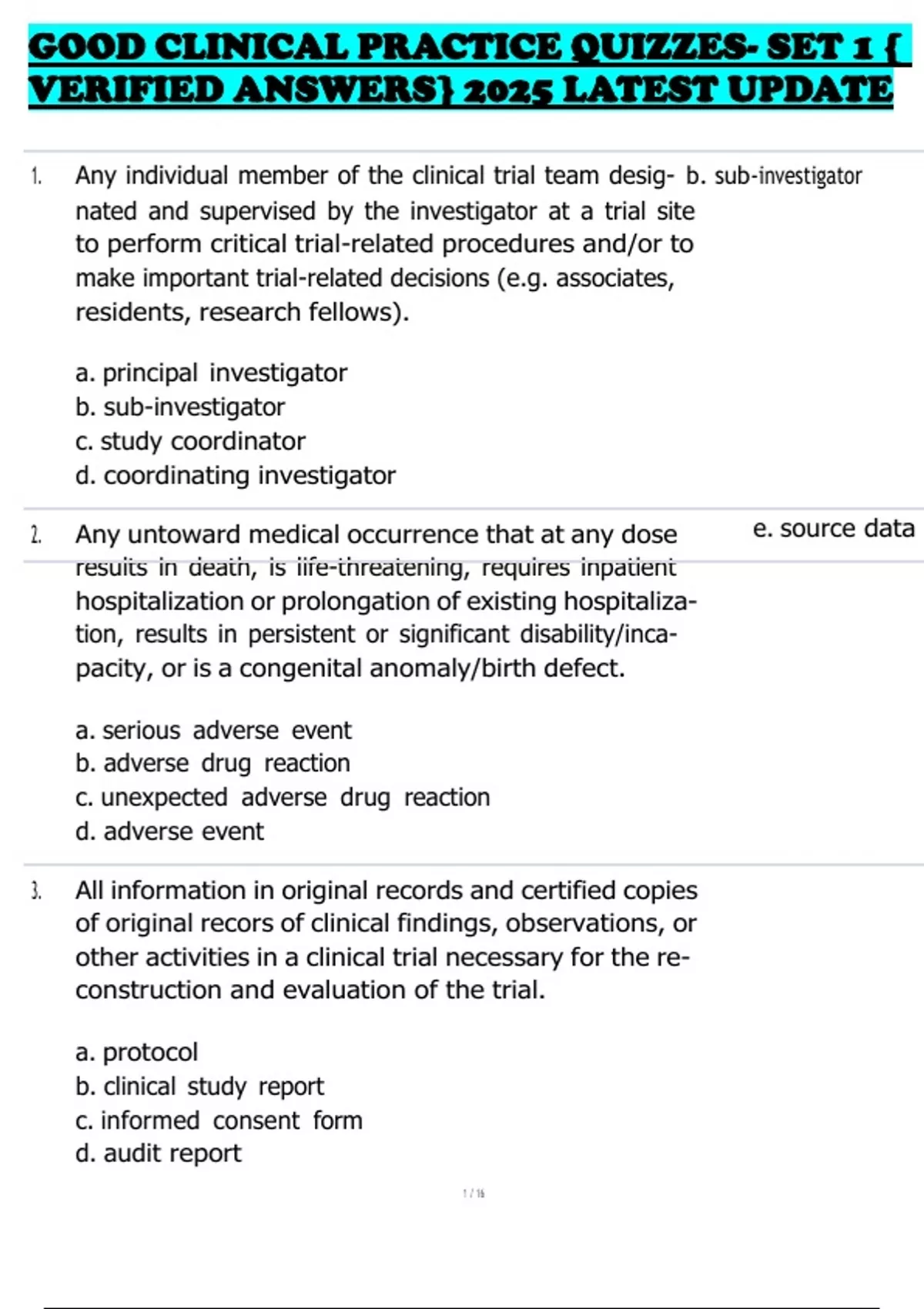 GOOD CLINICAL PRACTICE QUIZZES- SET 1 { VERIFIED ANSWERS} 2025 LATEST ...