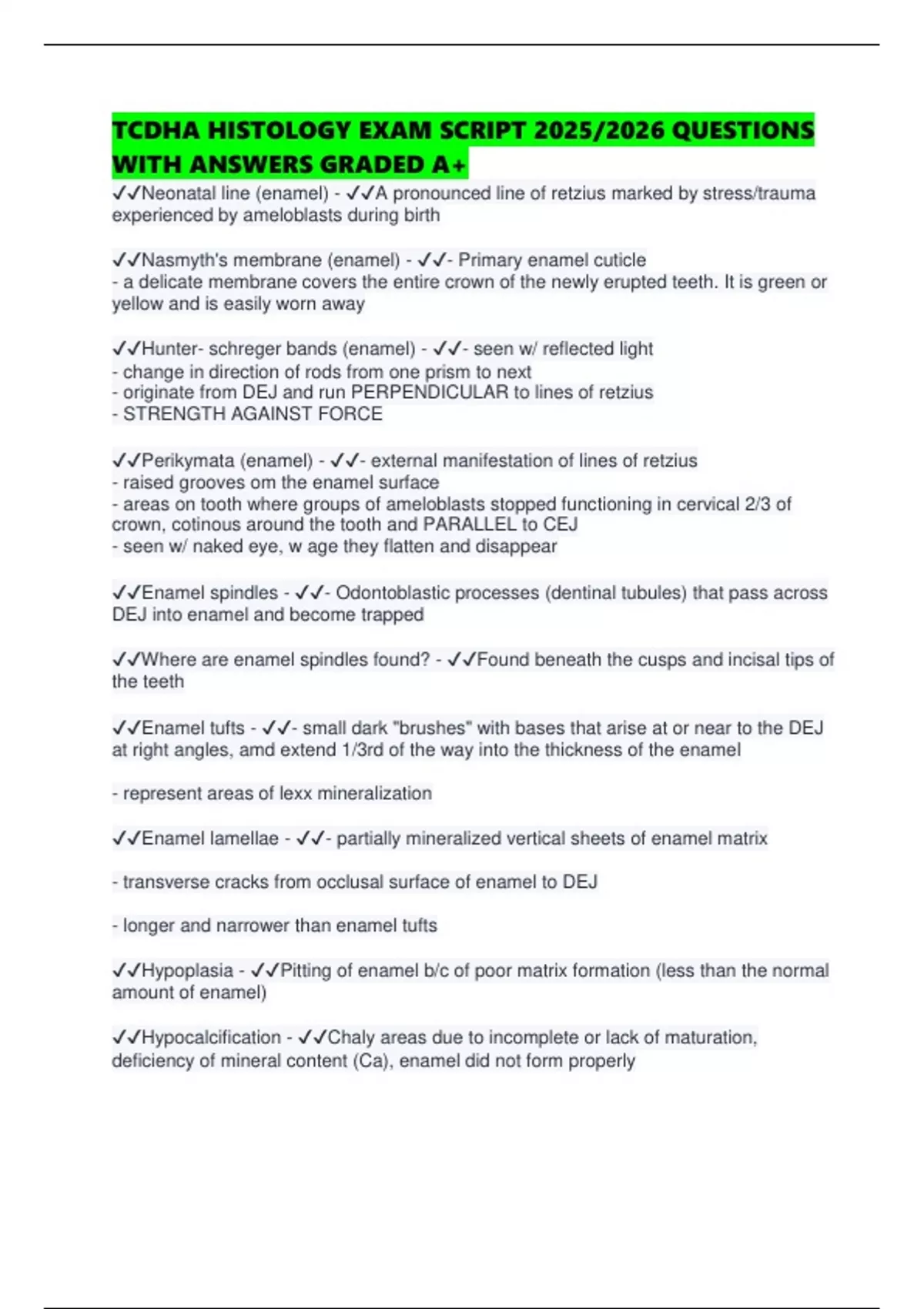 TCDHA HISTOLOGY EXAM SCRIPT 2025/2026 QUESTIONS WITH ANSWERS GRADED A+ ...