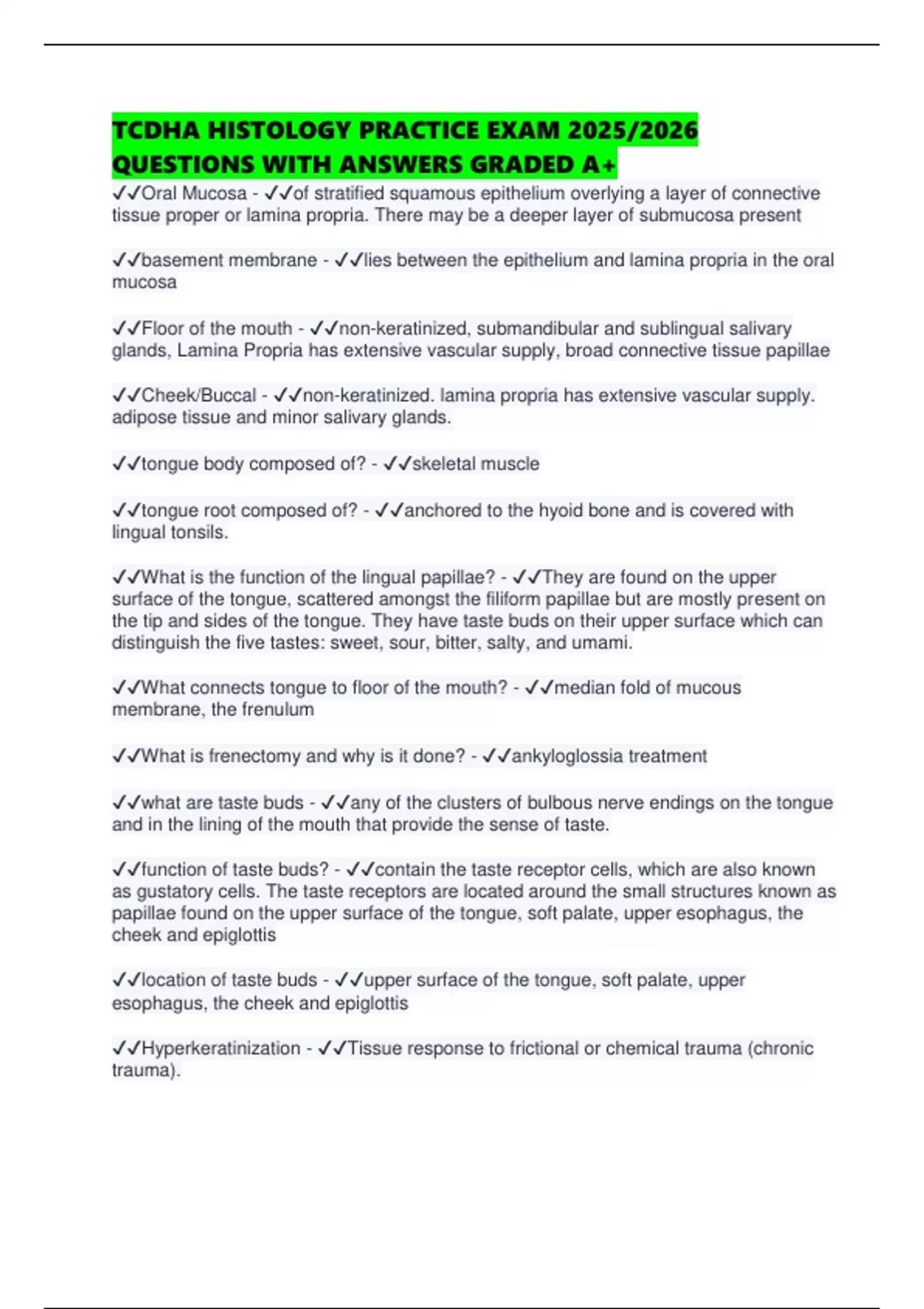 TCDHA HISTOLOGY PRACTICE EXAM 2025/2026 QUESTIONS WITH ANSWERS GRADED ...