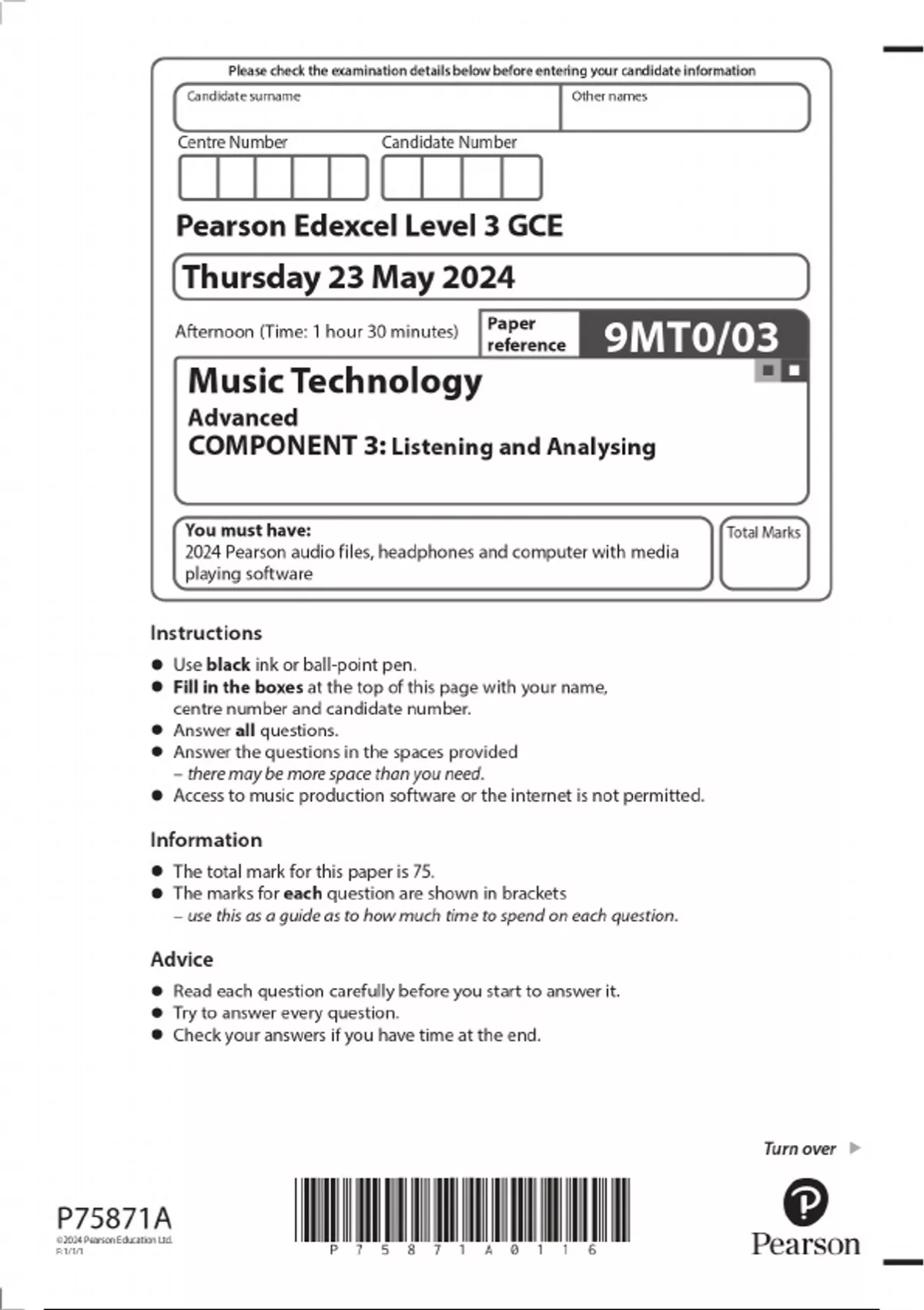 2024 Pearson Edexcel Level 3 GCE Music Technology Advanced COMPONENT 3 ...