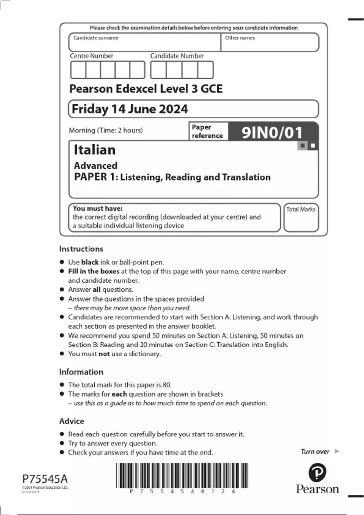 2024 Pearson Edexcel Level 3 GCE Italian Advanced PAPER 1: Listening ...