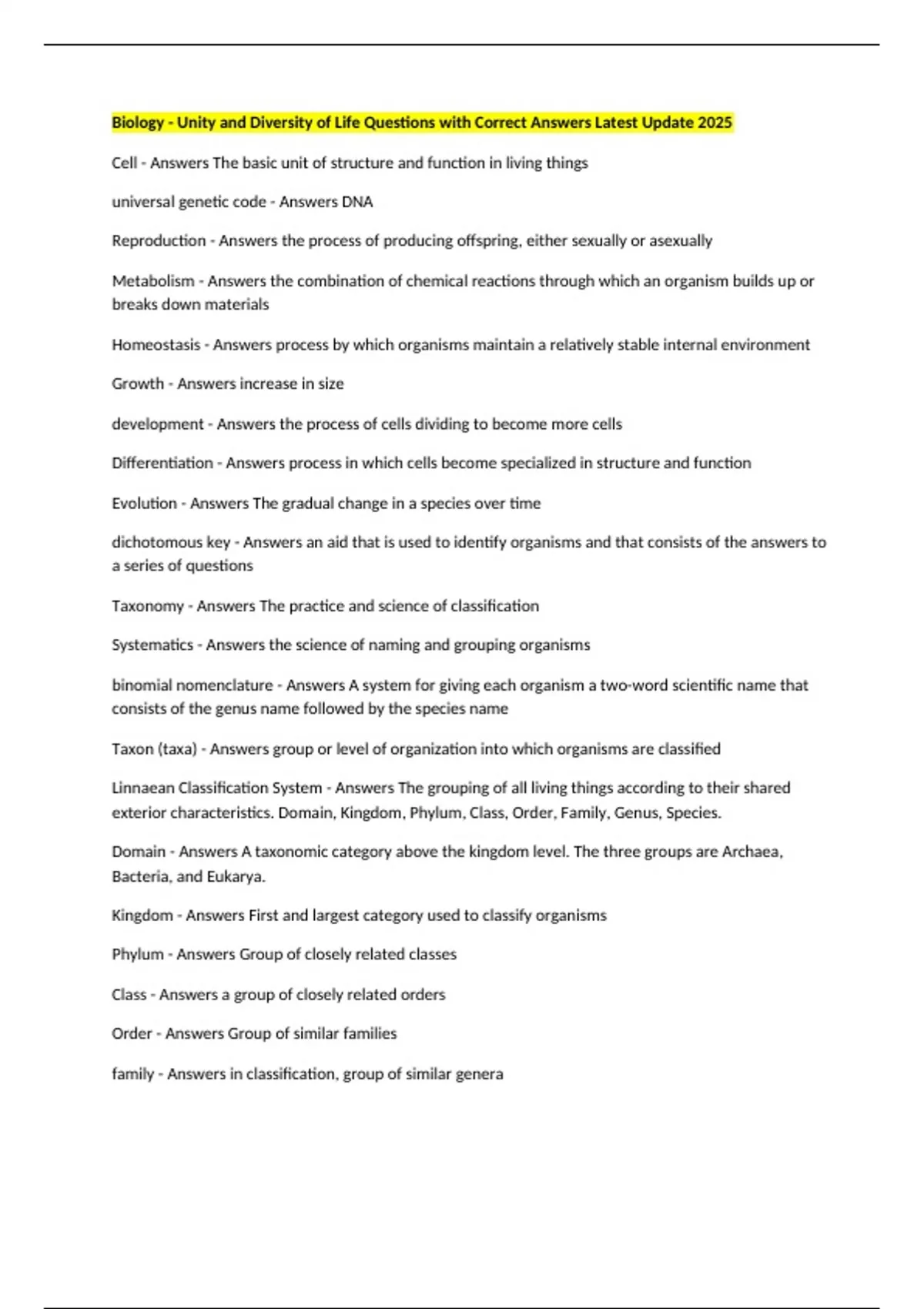 Biology - Unity and Diversity of Life Questions with Correct Answers ...
