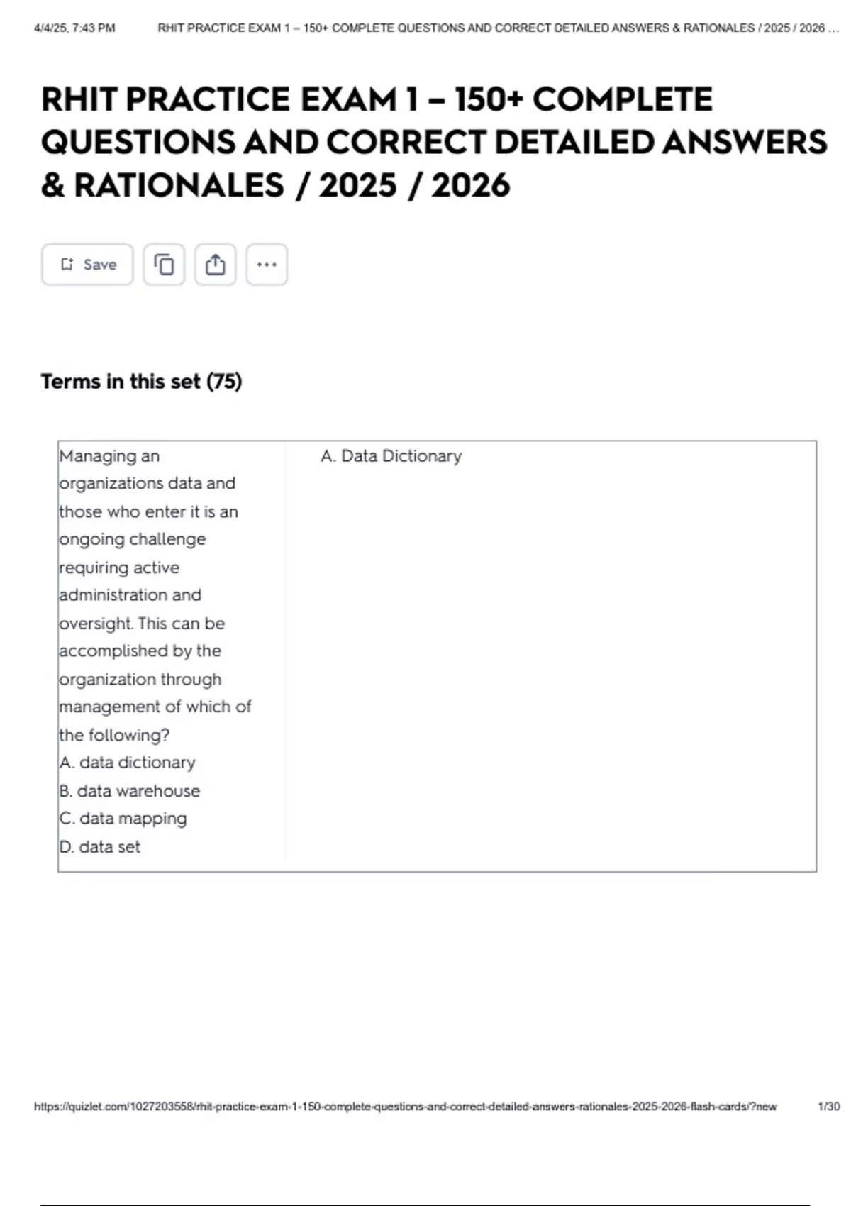 RHIT PRACTICE EXAM 1 – 150+ COMPLETE QUESTIONS AND CORRECT DETAILED ...