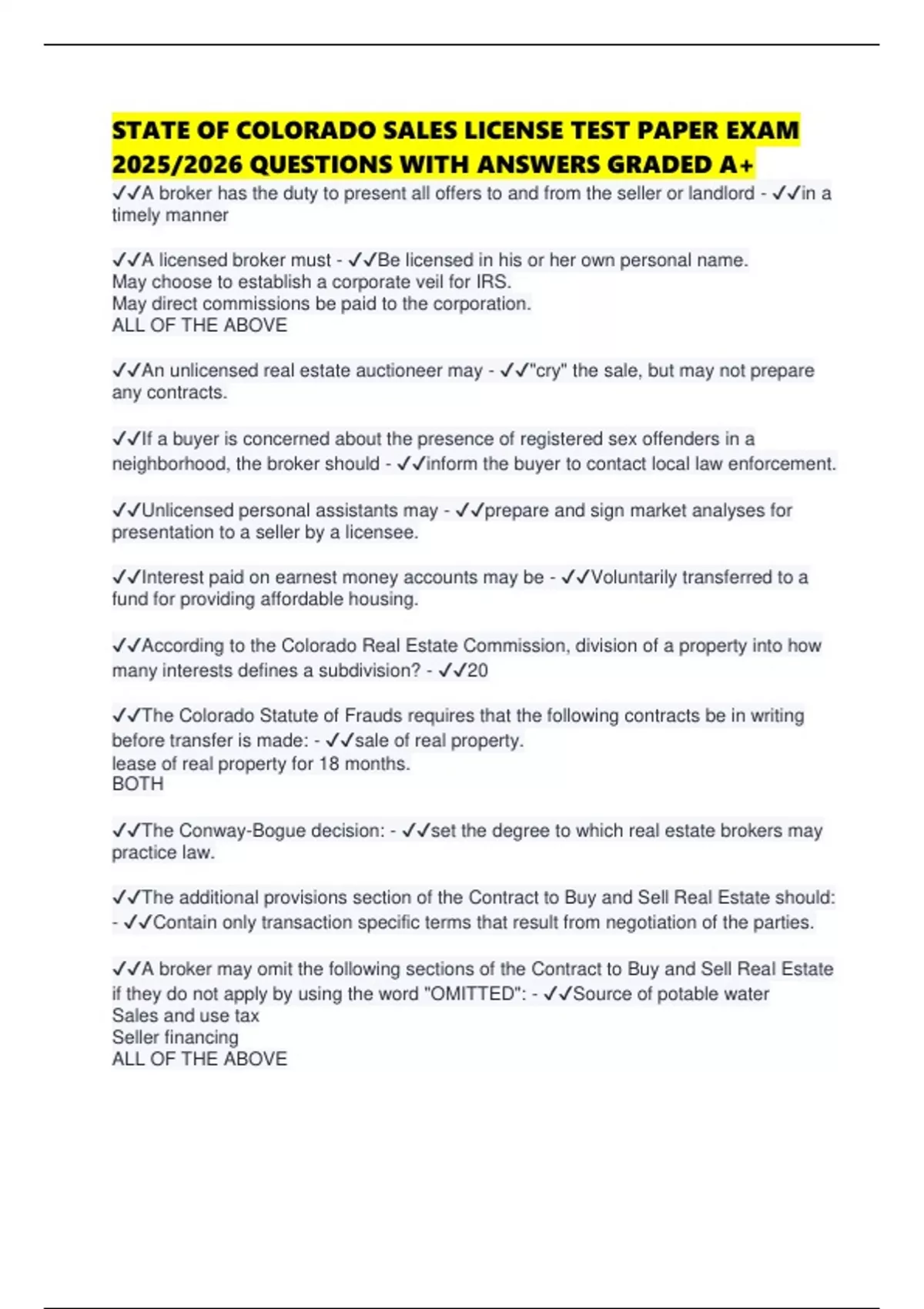 STATE OF COLORADO SALES LICENSE TEST PAPER EXAM 2025/2026 QUESTIONS ...