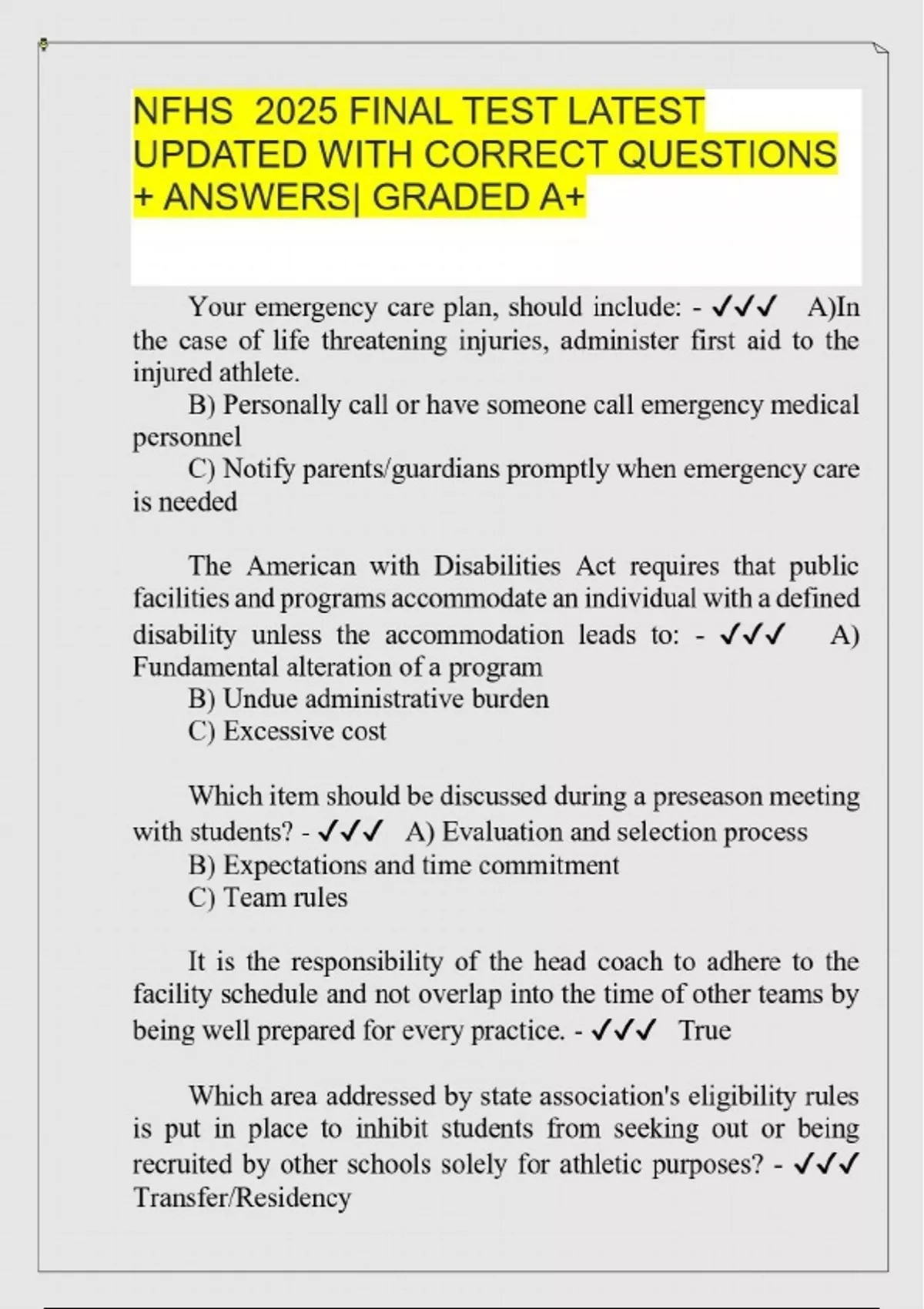 NFHS 2025 FINAL TEST LATEST UPDATED WITH CORRECT QUESTIONS + ANSWERS ...