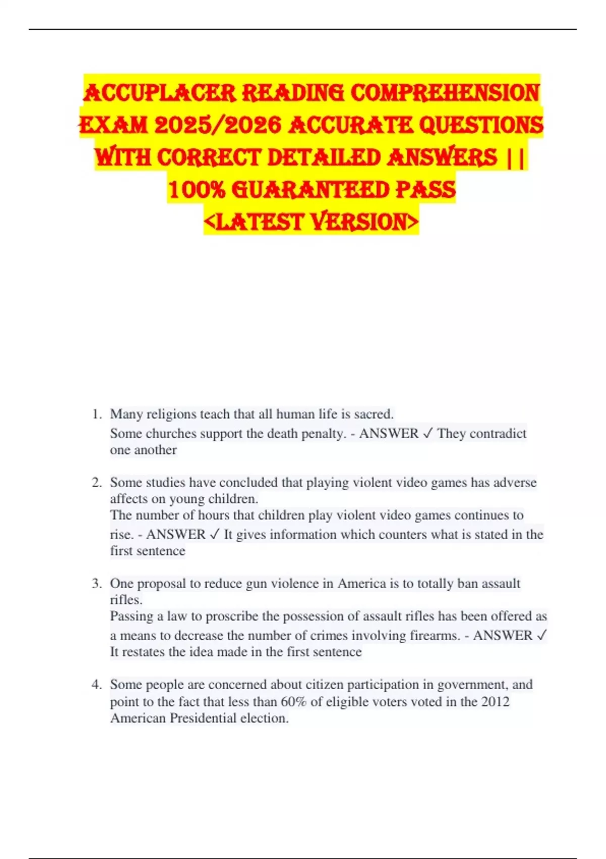 ACCUPLACER READING COMPREHENSION EXAM 2025/2026 ACCURATE QUESTIONS WITH ...