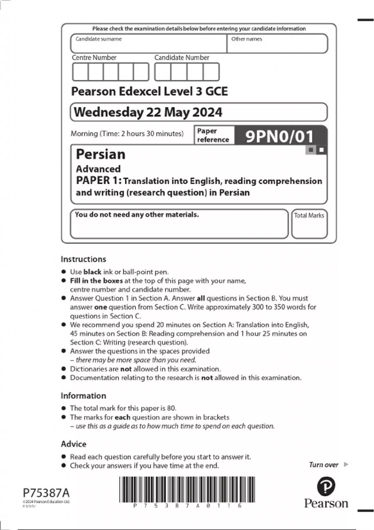 2024 Pearson Edexcel Level 3 GCE Persian Advanced PAPER 1: Translation ...
