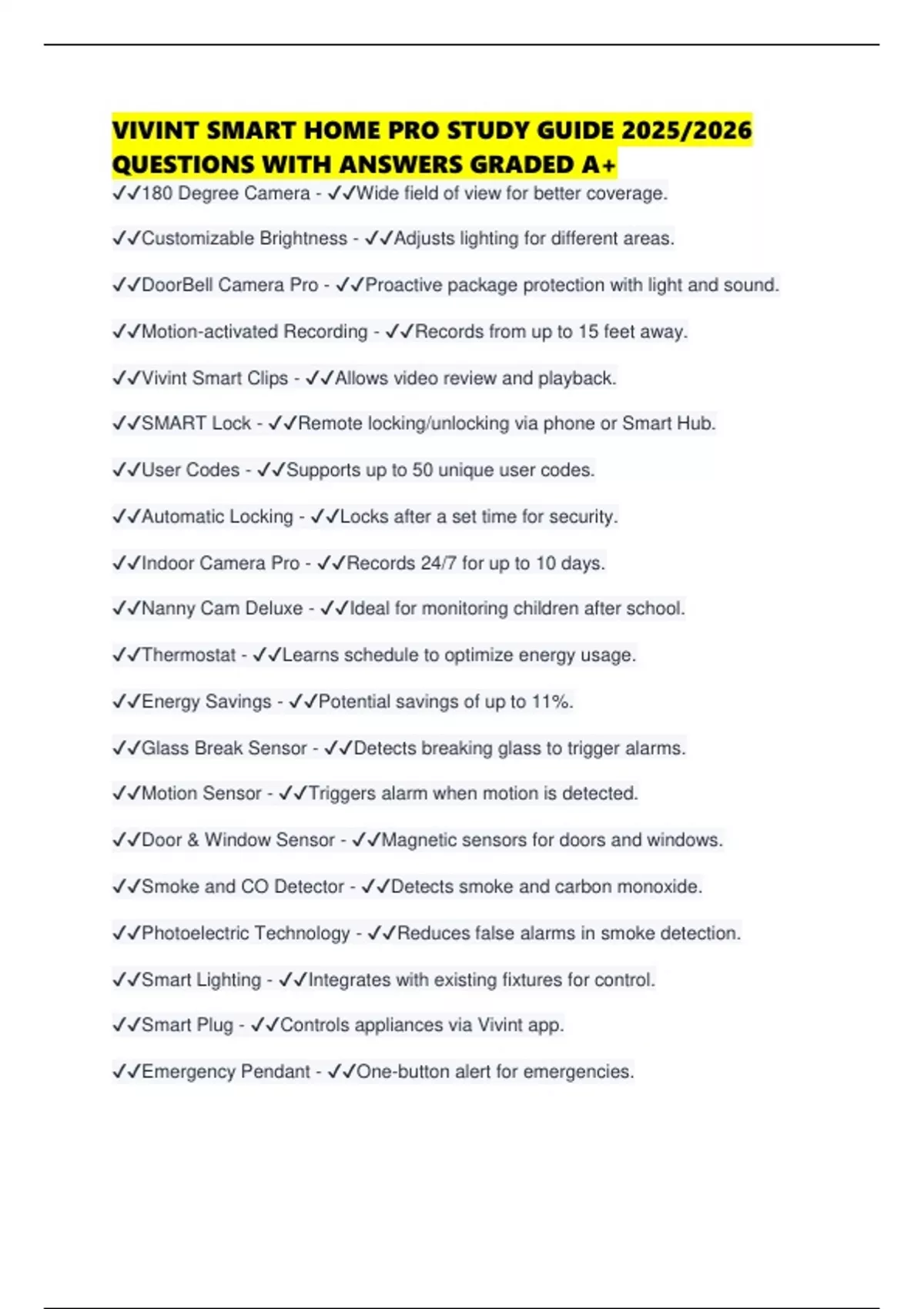 VIVINT SMART HOME PRO STUDY GUIDE 2025/2026 QUESTIONS WITH ANSWERS GRADED A+ - Smart Home Pro ...